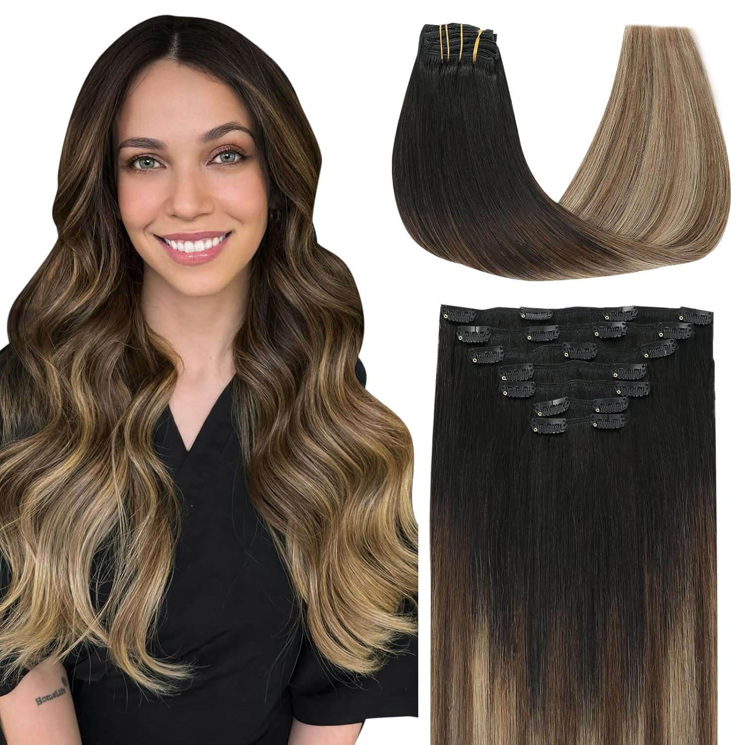 Clip in Hair Extensions, 140g 14 Inch 7 Pieces Natural Black To ...