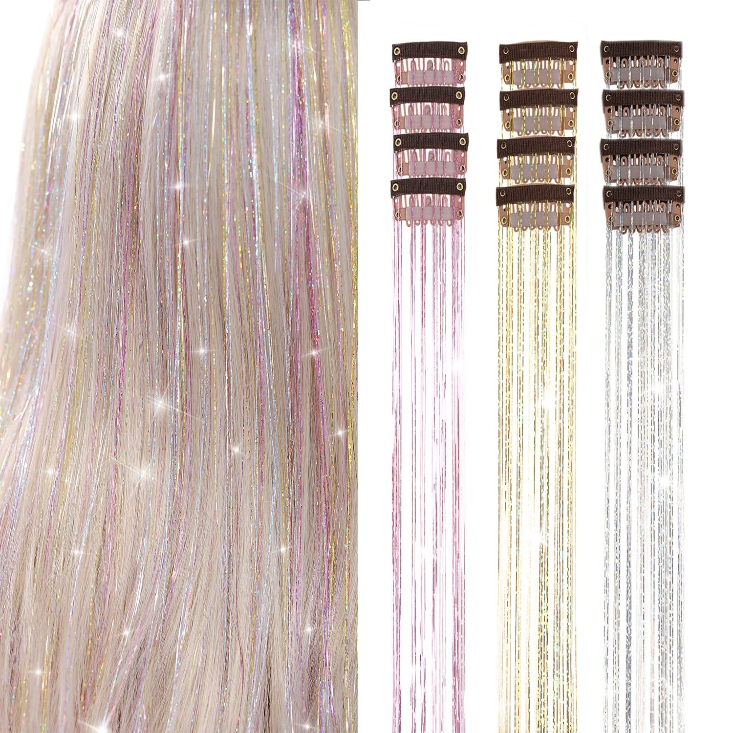 Clip in Hair Tinsel Packs of 12Pcs Hair Tinsel Heat Resistant 20.5 Inch ...