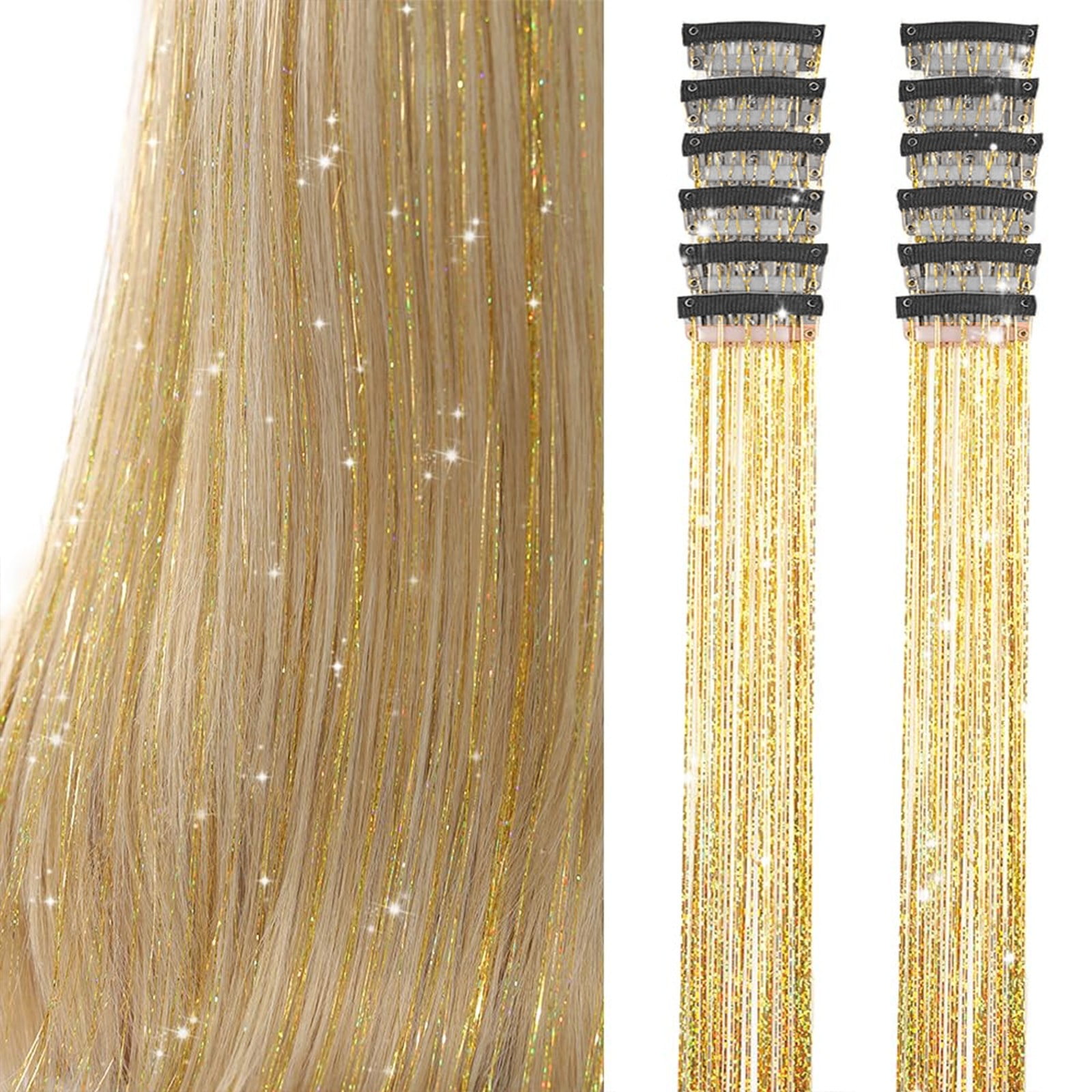 Clip In Glitter Hair Extensions 20 Inch 12Pcs Kit Rainbow Metallic Hair ...