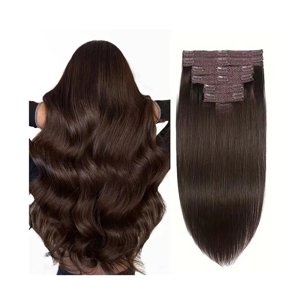 Clip In Hair Extensions Real Human Hair 16 Inch #2 Dark Brown Color ...
