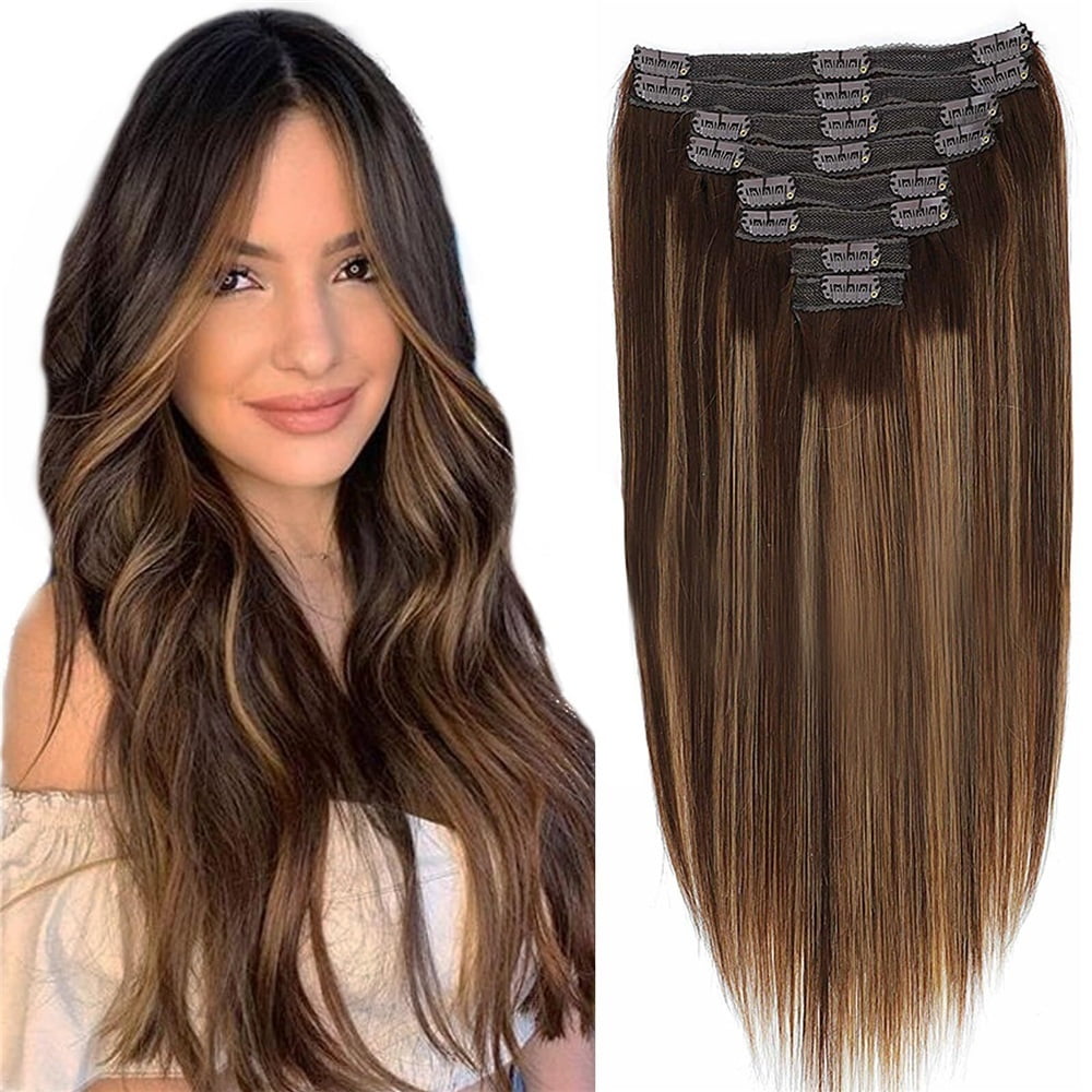 Clip In Hair Extensions Remy Human Hair 16-26 Inch #P4/27 Medium Brown ...