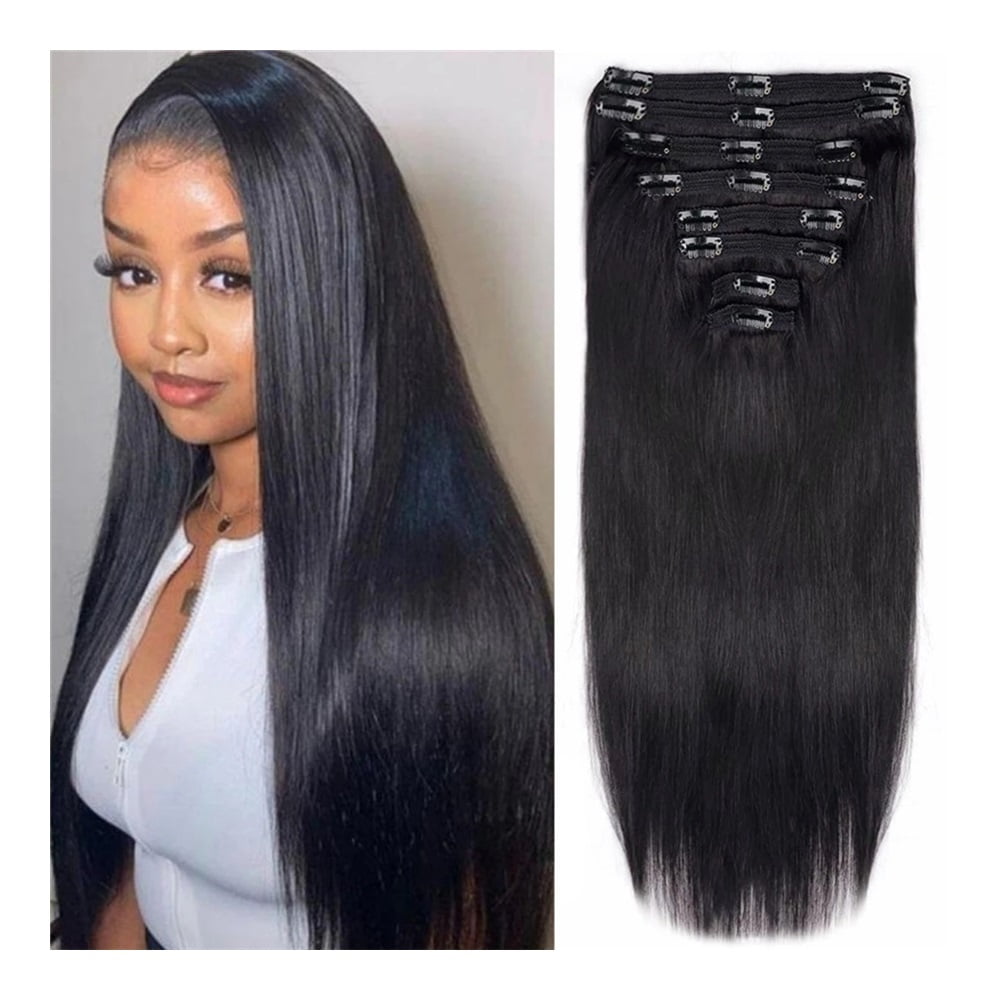 Clip In Straight Human Hair Extensions Natural Color 100% Brazilian ...