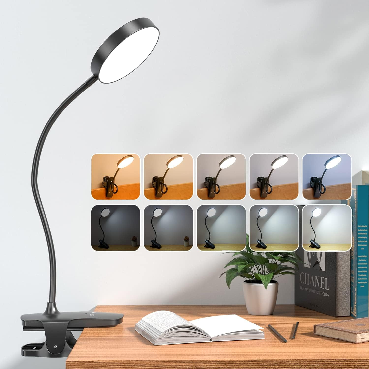Clip on Lamp,5 Brightness+5 Color Light,200LM 36 LED Reading Lights for ...