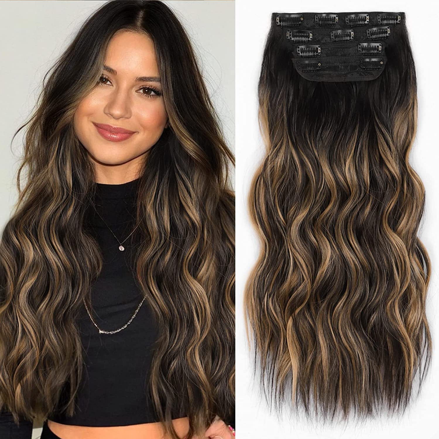 Clip in Long Wavy Synthetic Hair Extension 20 Inch Ombre Natural Black ...