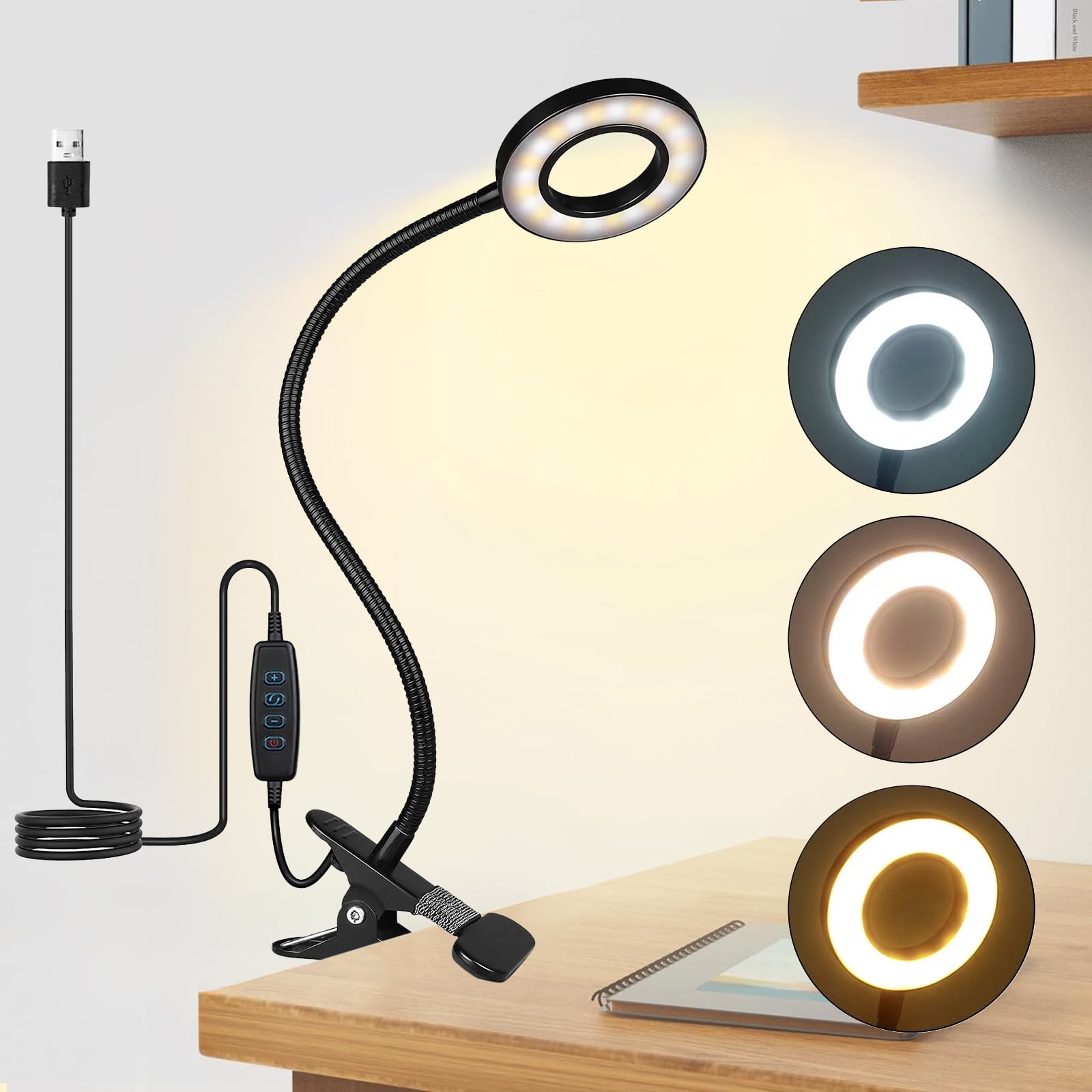 Clip on Ring Light, USB Desk Lamp with 3 Color Modes, 10 Brightness ...