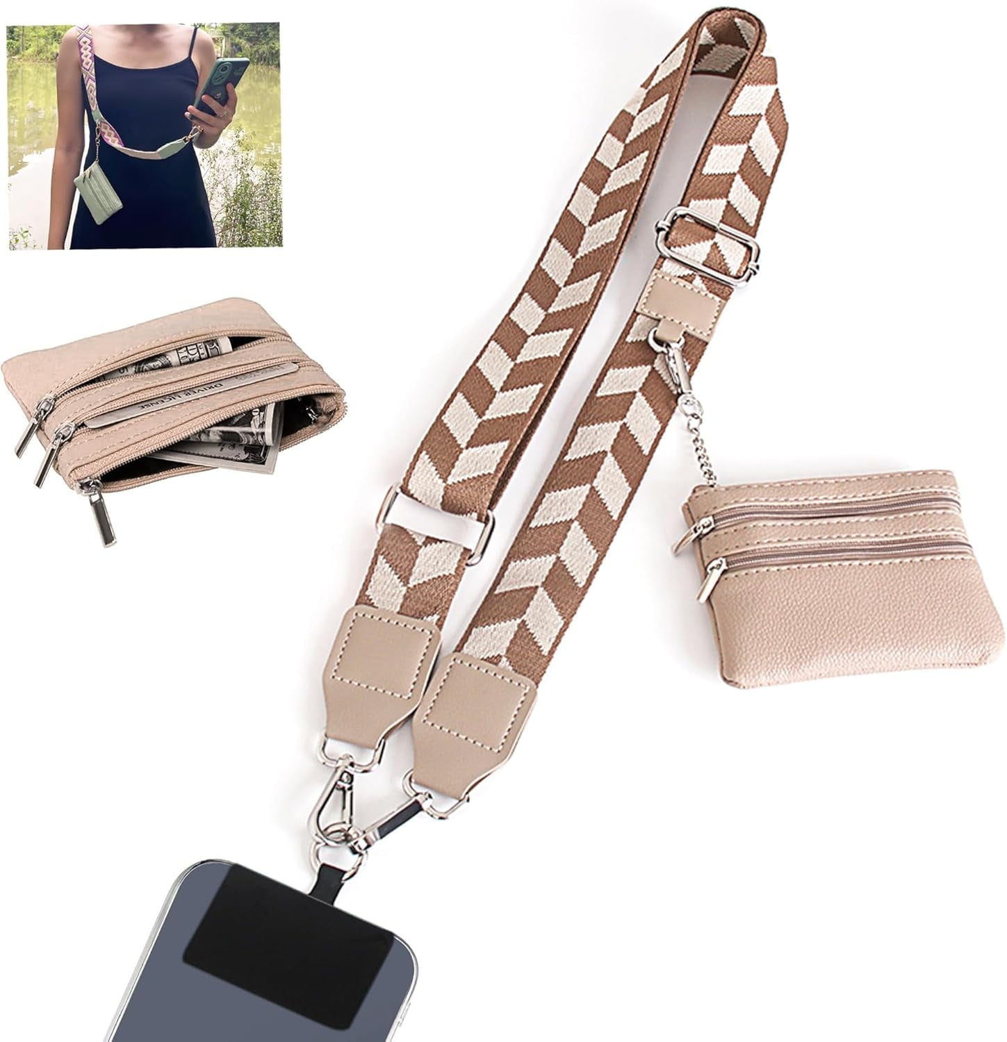 Clip and Go Crossbody Phone Strap with Wallet, Adjustable Zippered ...