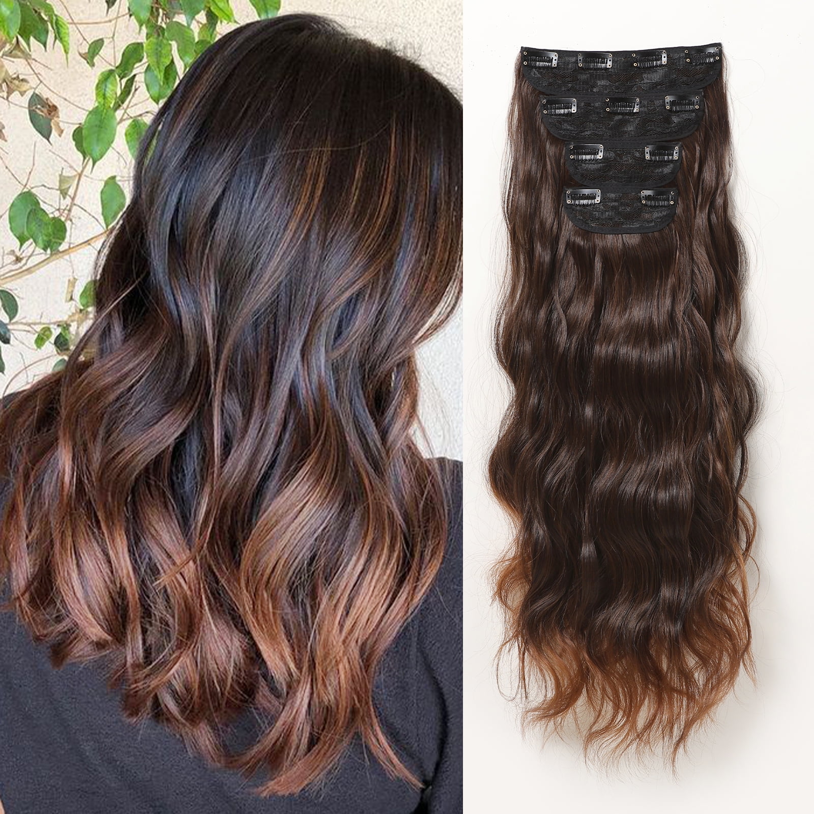 Clip in Hair Extensions 21 inches Black Brown Ombre Wavy Hair Extension ...