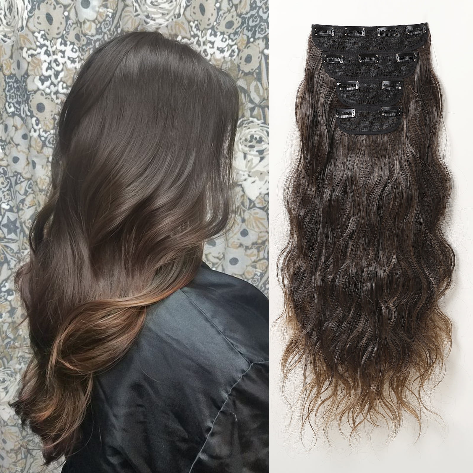 Clip in Hair Extensions 21 inches Long Brown Ombre Wavy Hair Extension ...