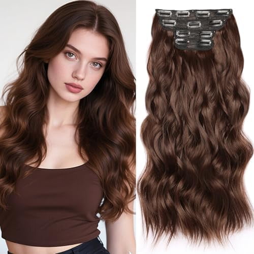 Clip in Hair Extensions 22 Inch Brown Wavy Hair Extensions 4 count ...