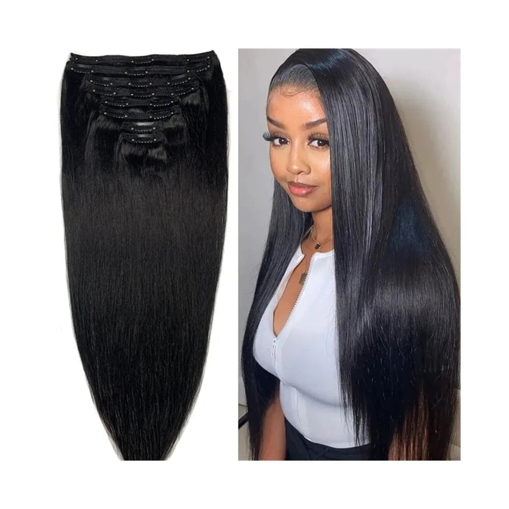 Clip in Hair Extensions Brazilian Human Hair Full Head Silky Straight ...