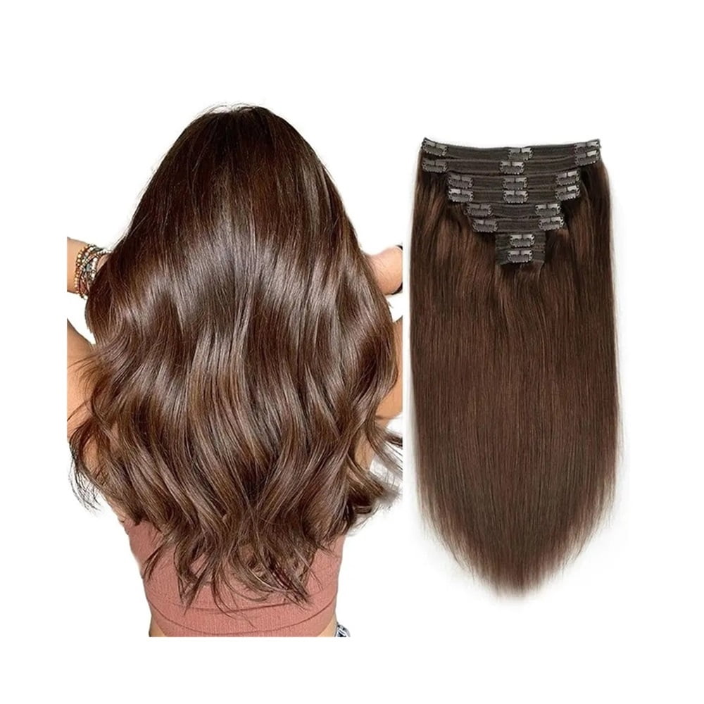 Clip in Hair Extensions Brown Hair Real Human Hair Double Weft 8pcs ...