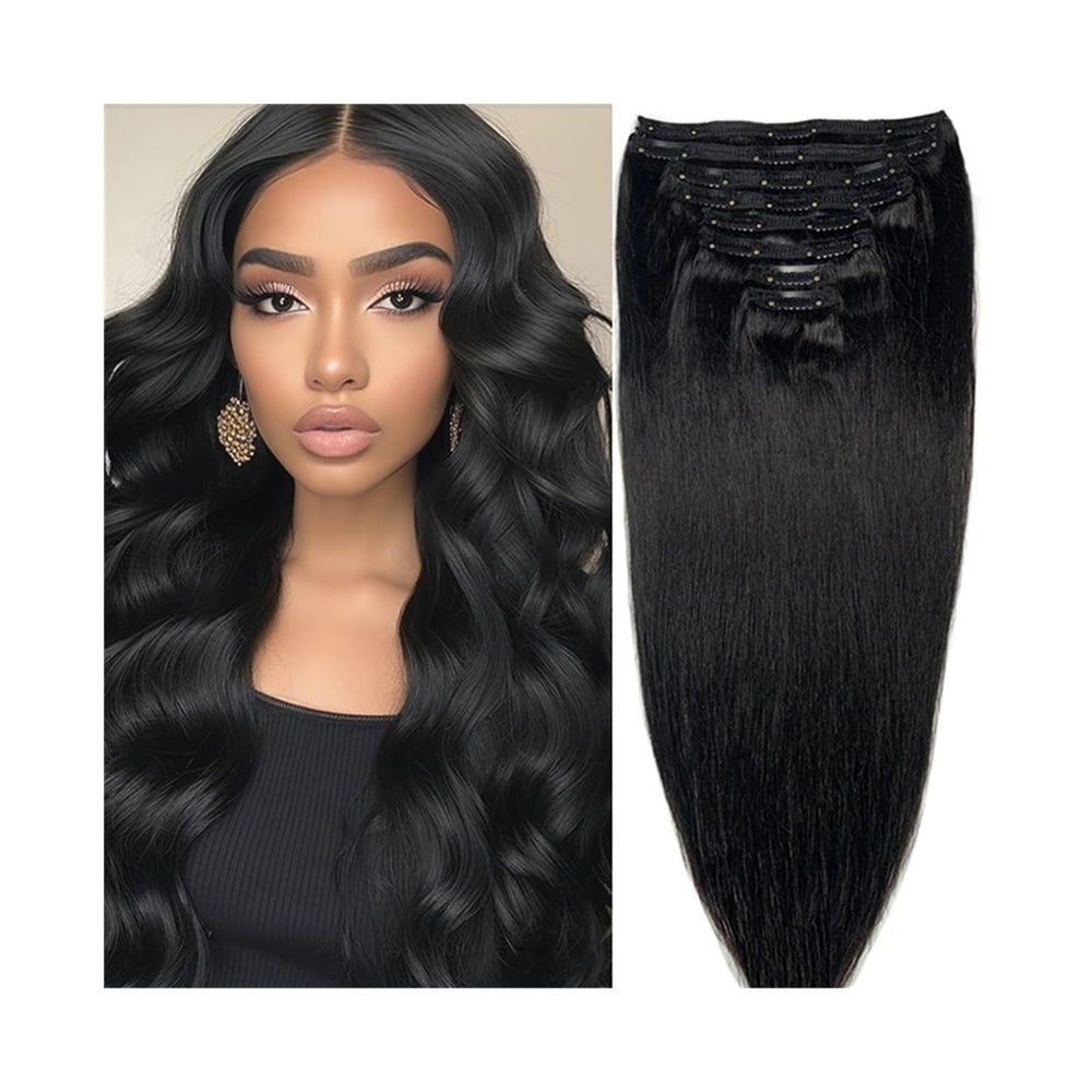 Clip in Hair Extensions Real Human Hair Natural Black 8Pcs with 18 ...