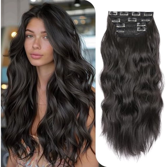 Clip-in Hair Extensions for Women 20 Inch 4 count Long Wavy Black Brown ...