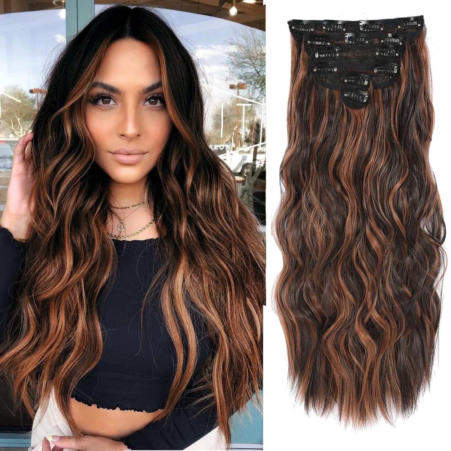 Clip in Hair Extensions for Women 20 Inch Long Wavy Curly Chestnut ...