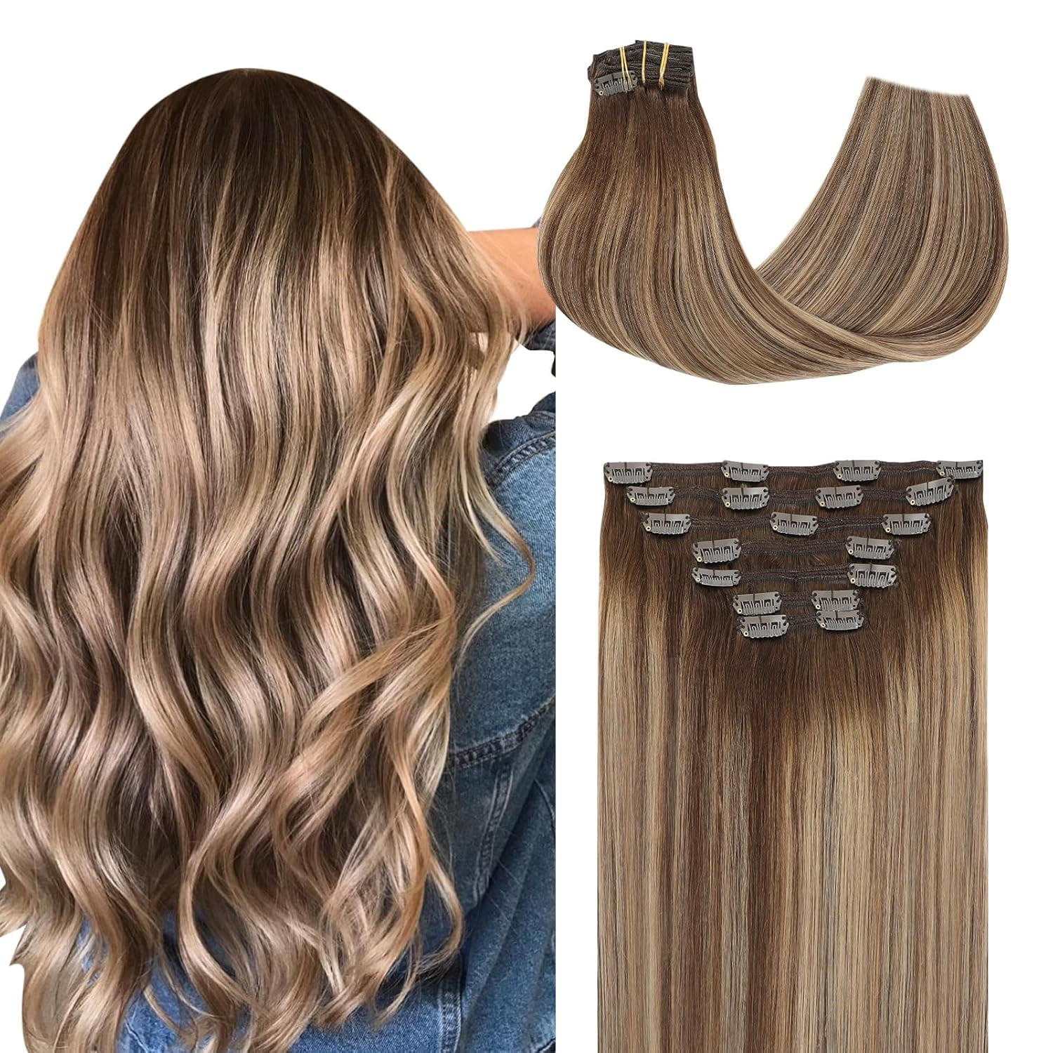 Clip-in Human Hair Extensions, Chocolate Brown To Caramel Blonde 16 ...