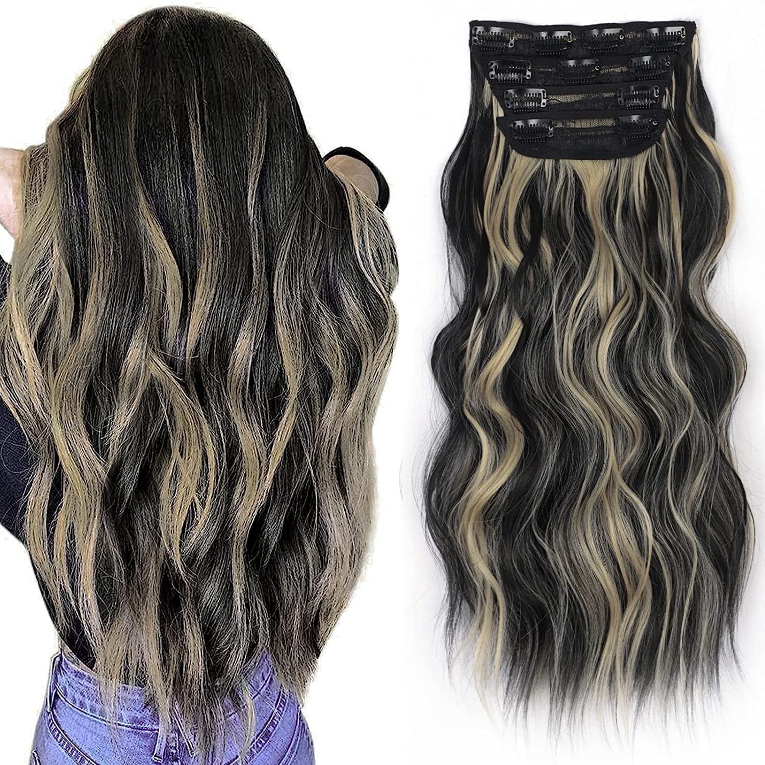 Walmart 20 Inch Wavy Clip-in Hair Extensions, 4PCS Black/Blonde ...