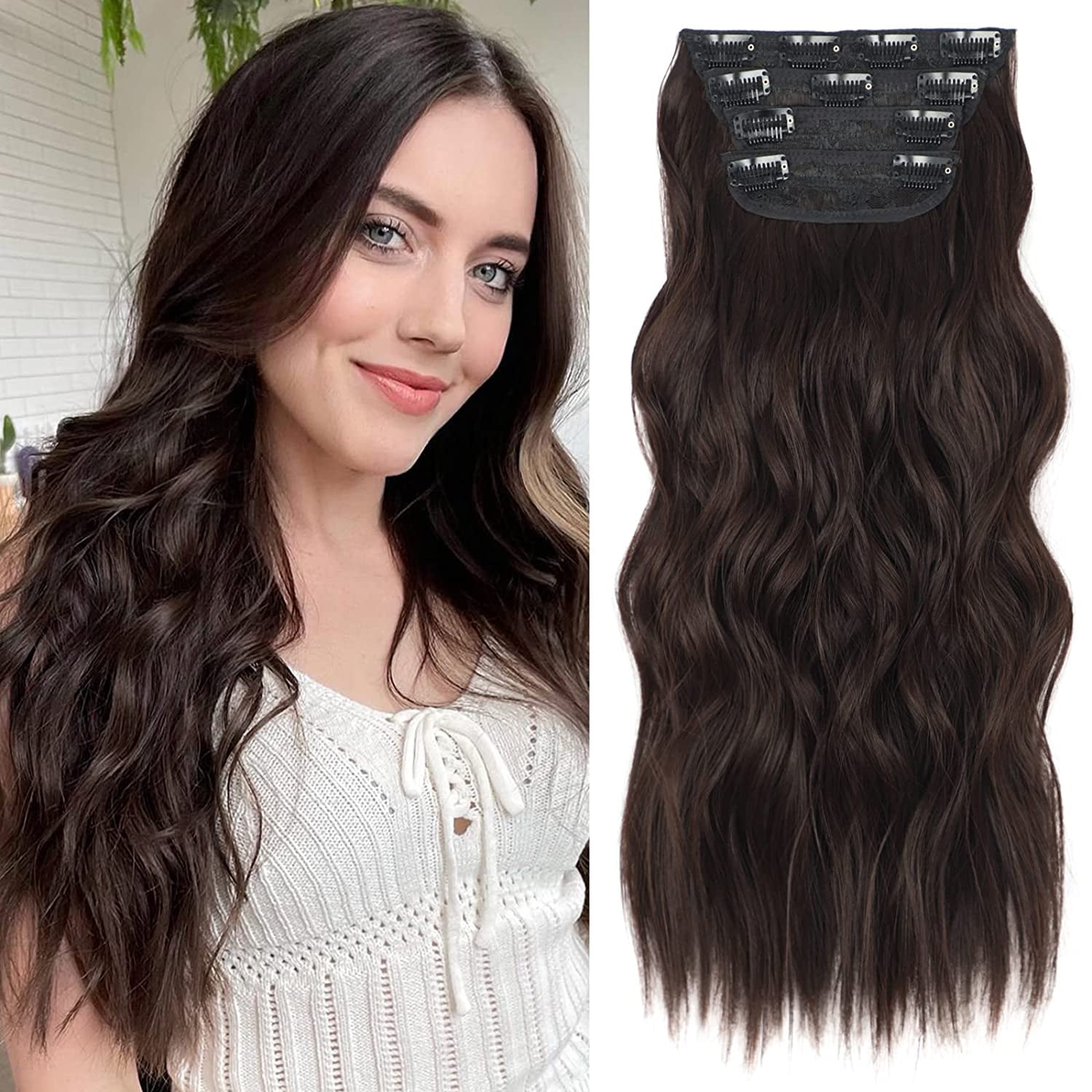 Clip in Long Wavy Synthetic Hair Extension 20 Inch Chocolate Brown 4PCS ...