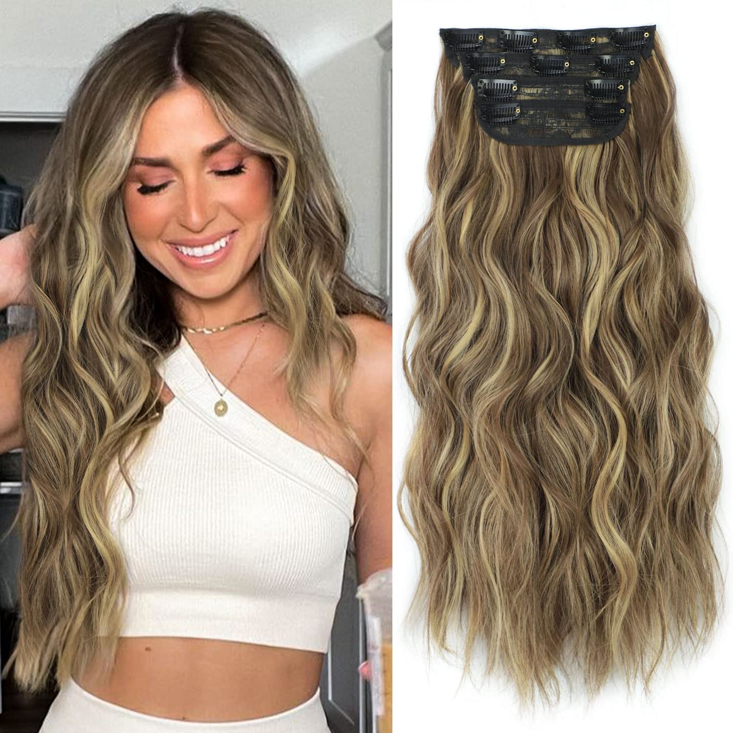 Clip in Long Wavy Synthetic Hair Extension 24 Inch Mixed Brown & Blonde ...