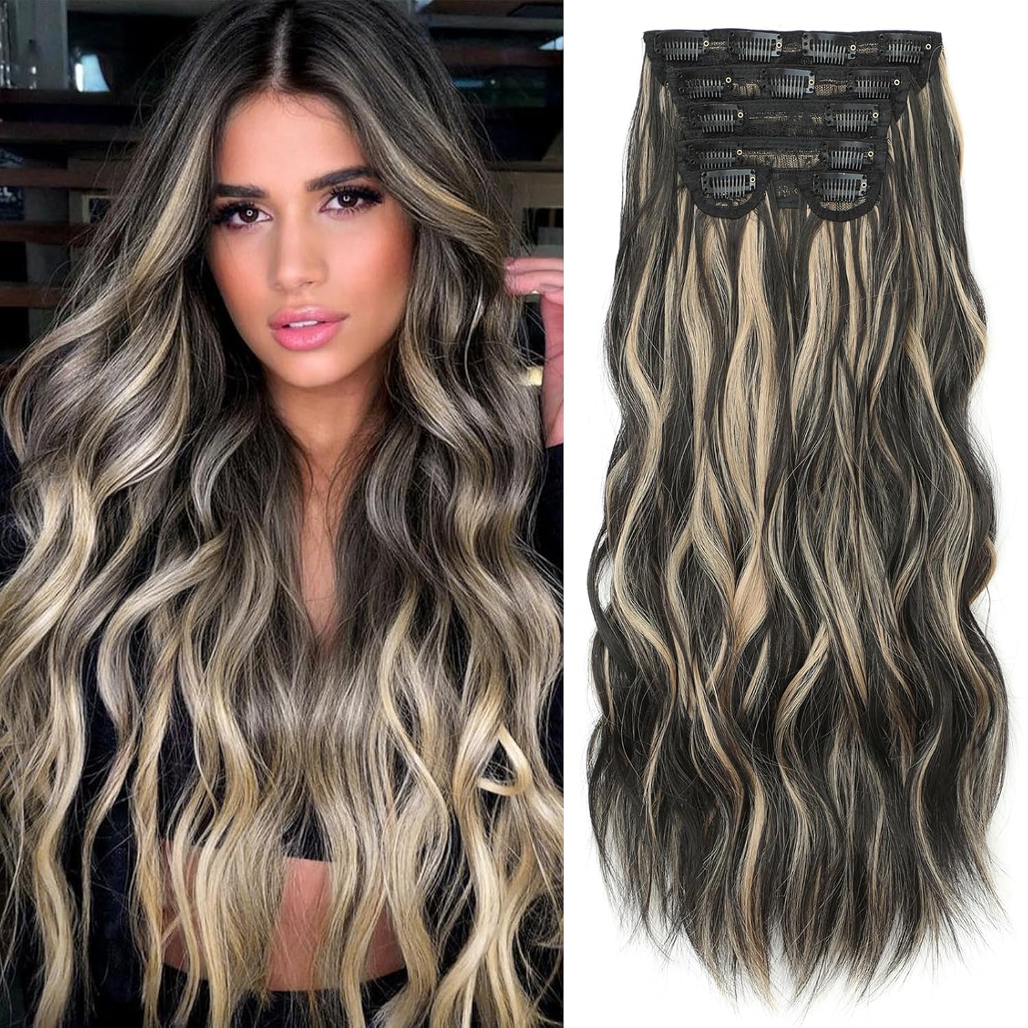 Clip in Synthetic Hair Extensions 20Inch 6PCS Clip Ins Long Wavy Fiber ...