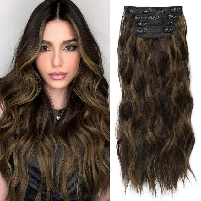 Clip- in Synthetic Hair Extensions Long Wavy 4PCS Thick Hairpieces ...