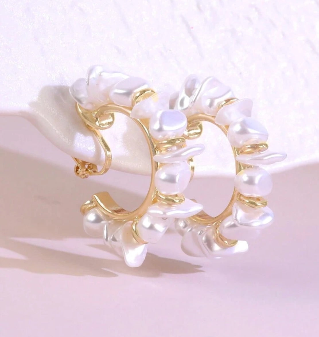 Clip on 1 1/2" gold and white odd shaped pearl open back hoop earrings ...