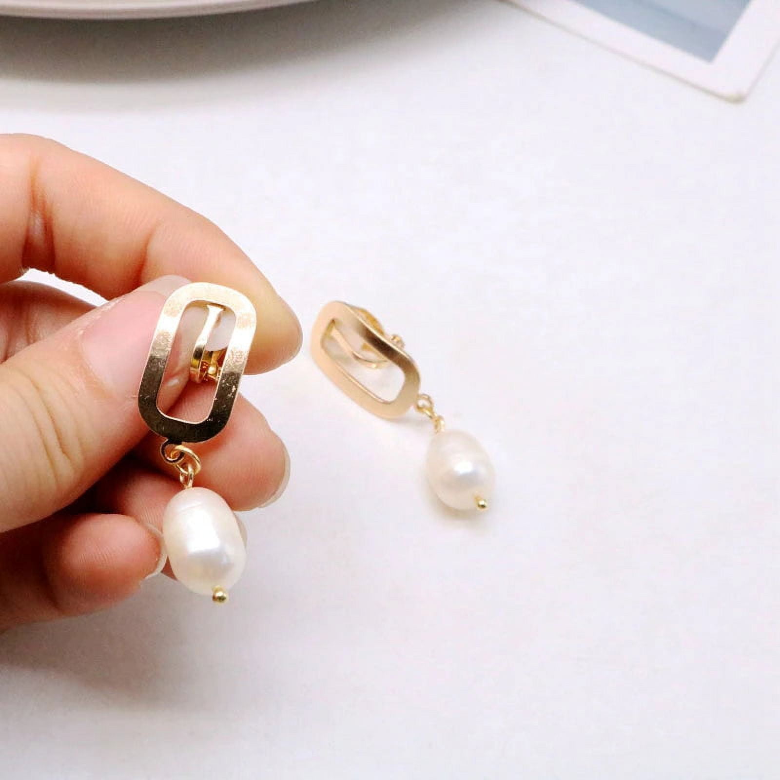 Clip on 1 1/2" gold cutout square dangle odd shaped pearl earrings ...