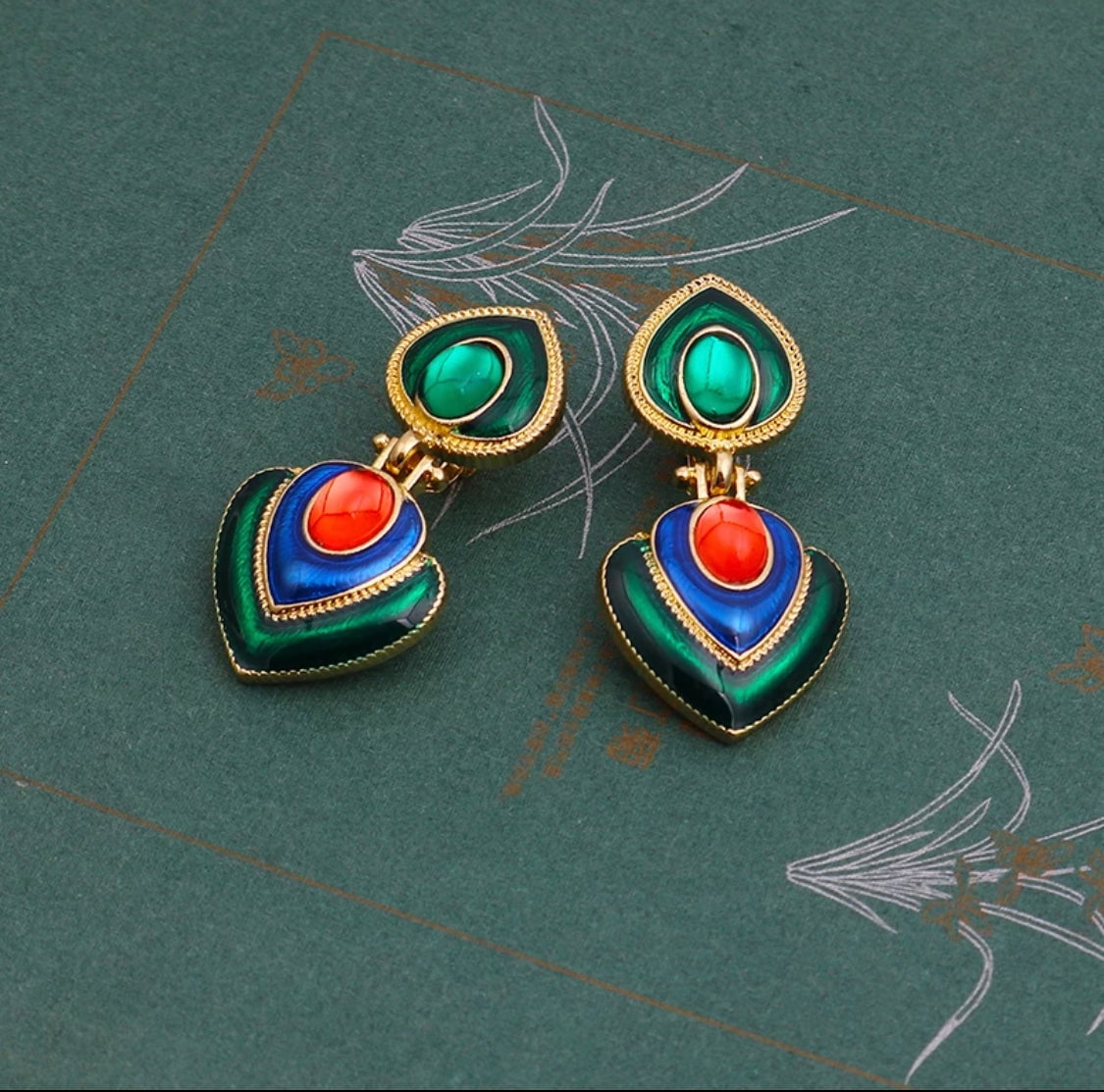 Clip on 1 3/4" green or purple edge multi colored pointed earrings ...