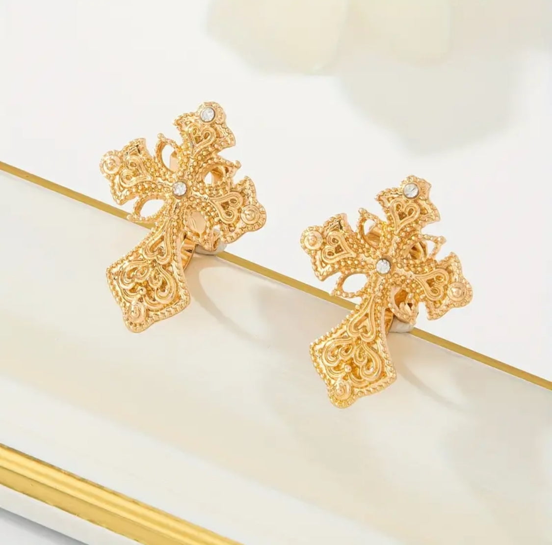 Clip on 1" gold and clear stone pointed cutout edge cross earrings ...