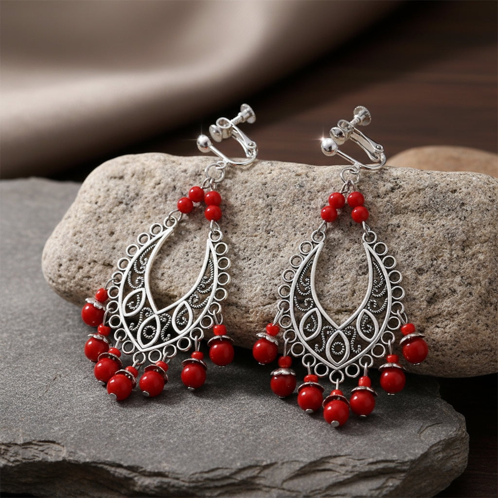 Clip on 3 1/4" long silver cutout and red bead dangle earrings ...