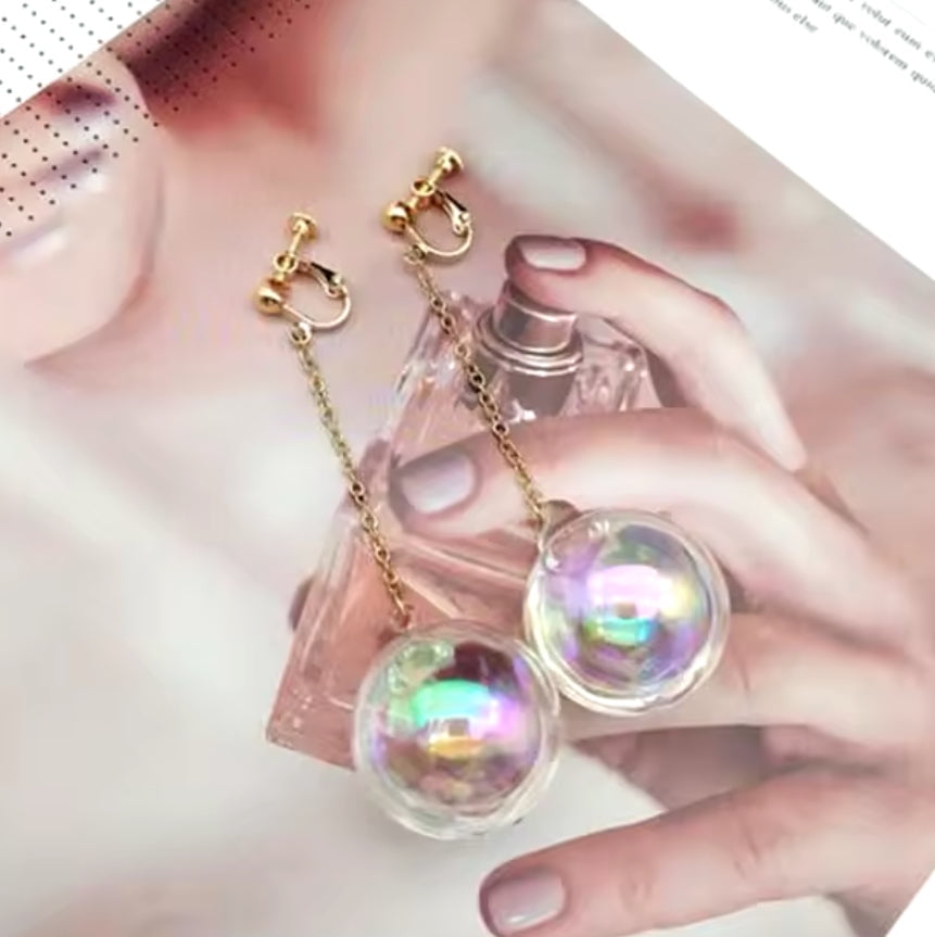 Clip on 3 3/4" long gold chain water filled iridescent dangle ball ...