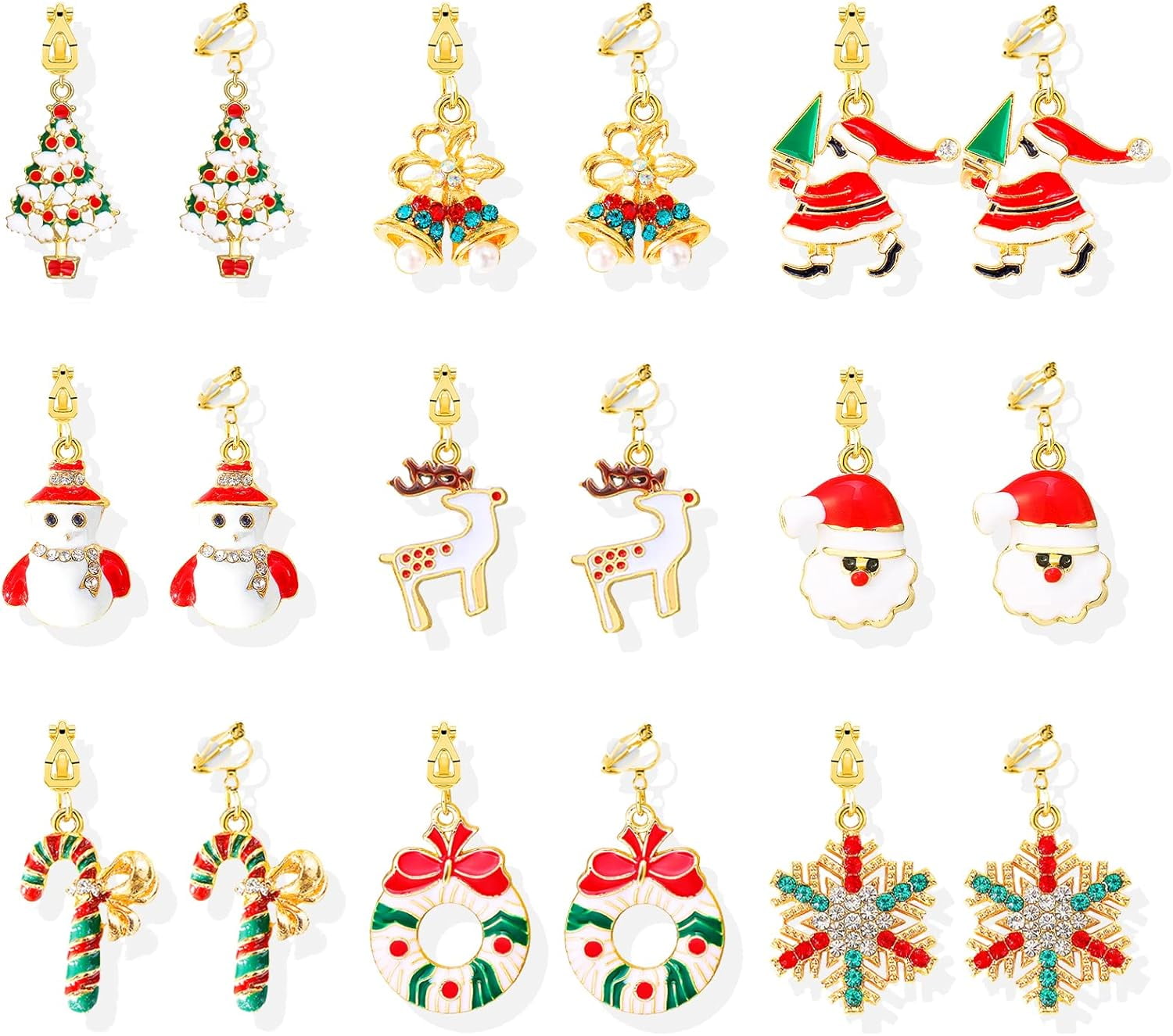 Clip-on Christmas Tree Earrings - Dangling Santa, Snowman, Candy Cane ...