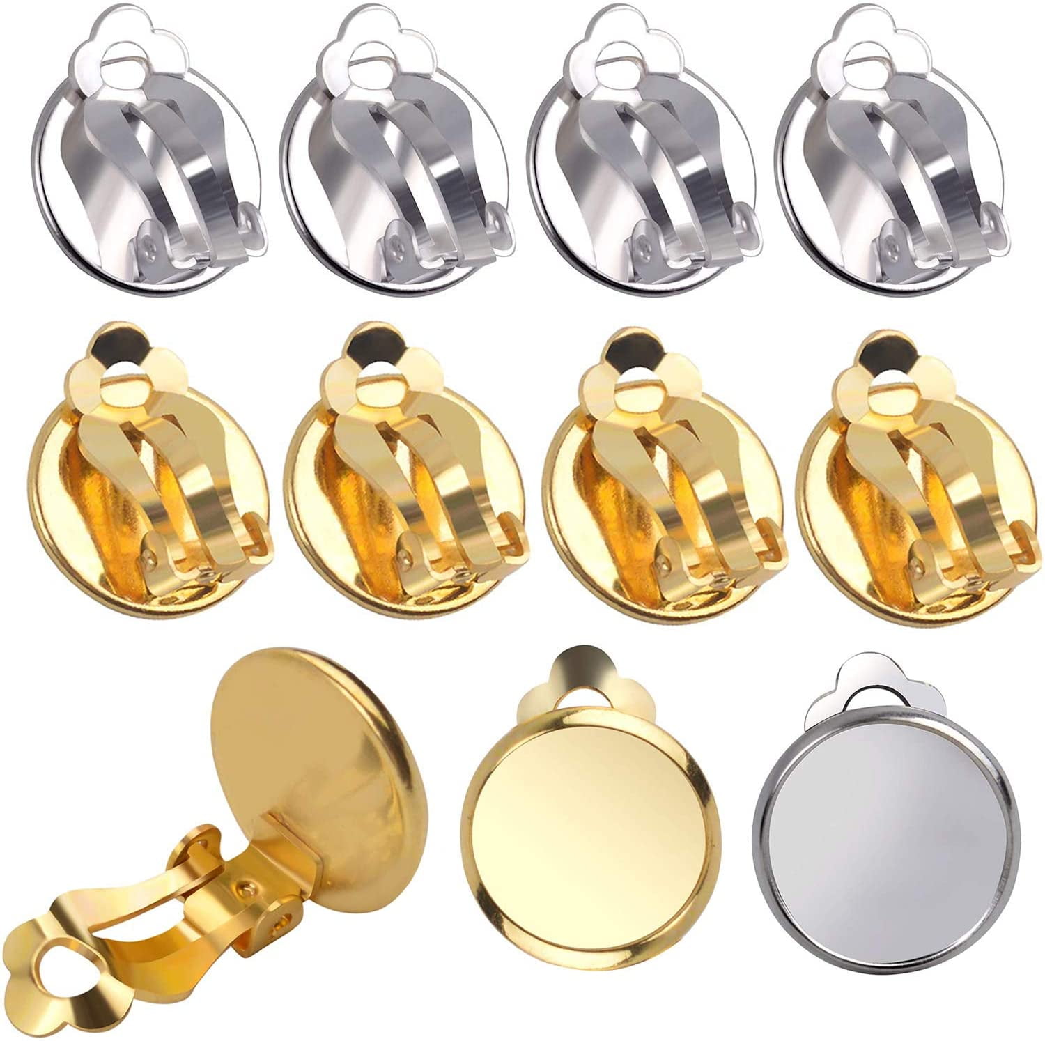Clip-on Earring Findings, 20pcs (10 Pairs) Round Tray Earring Clip ...