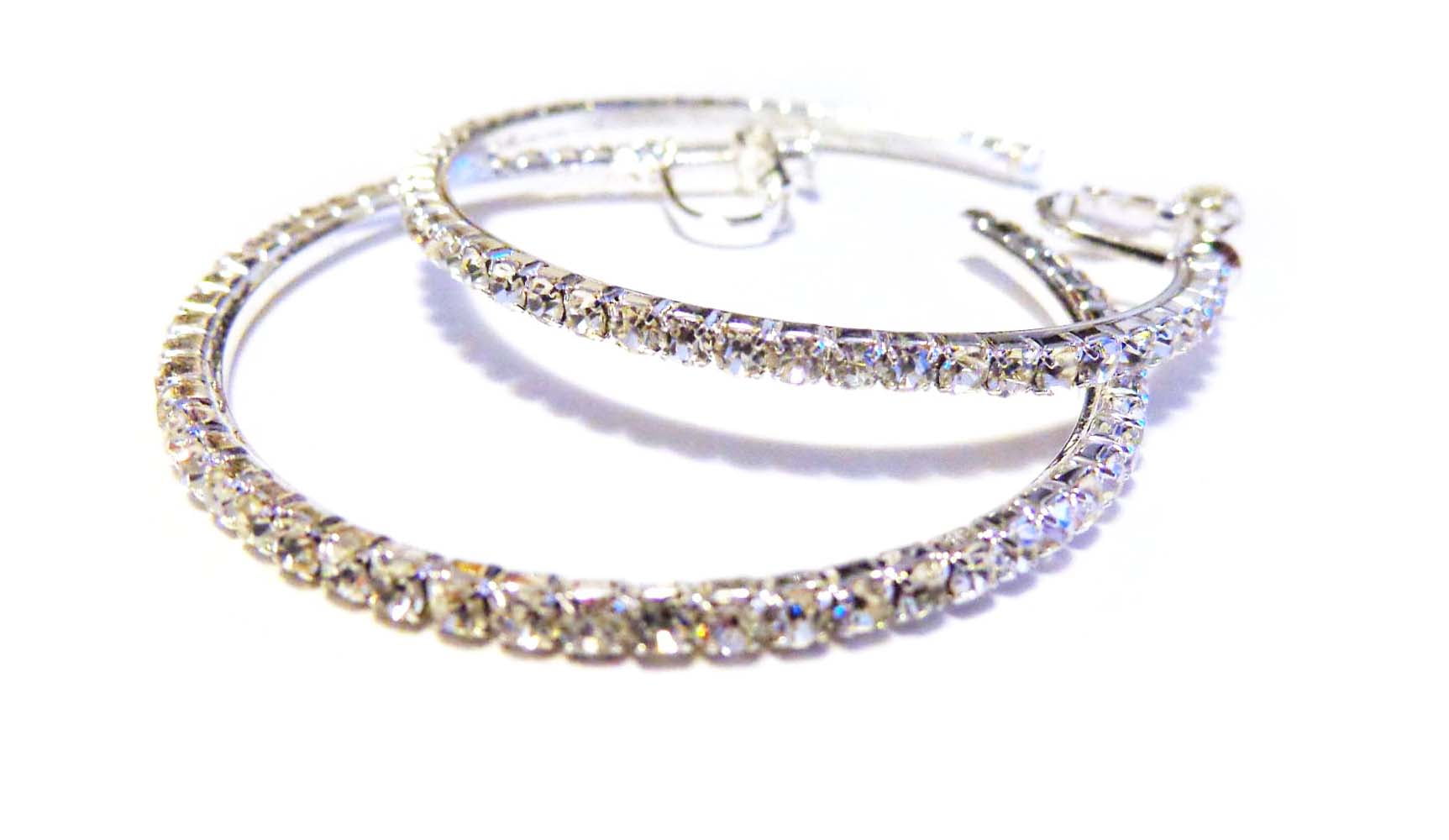 Clip-on Earrings Crystal Rhinestone 2 inch Silver Tone Thin Hoops ...