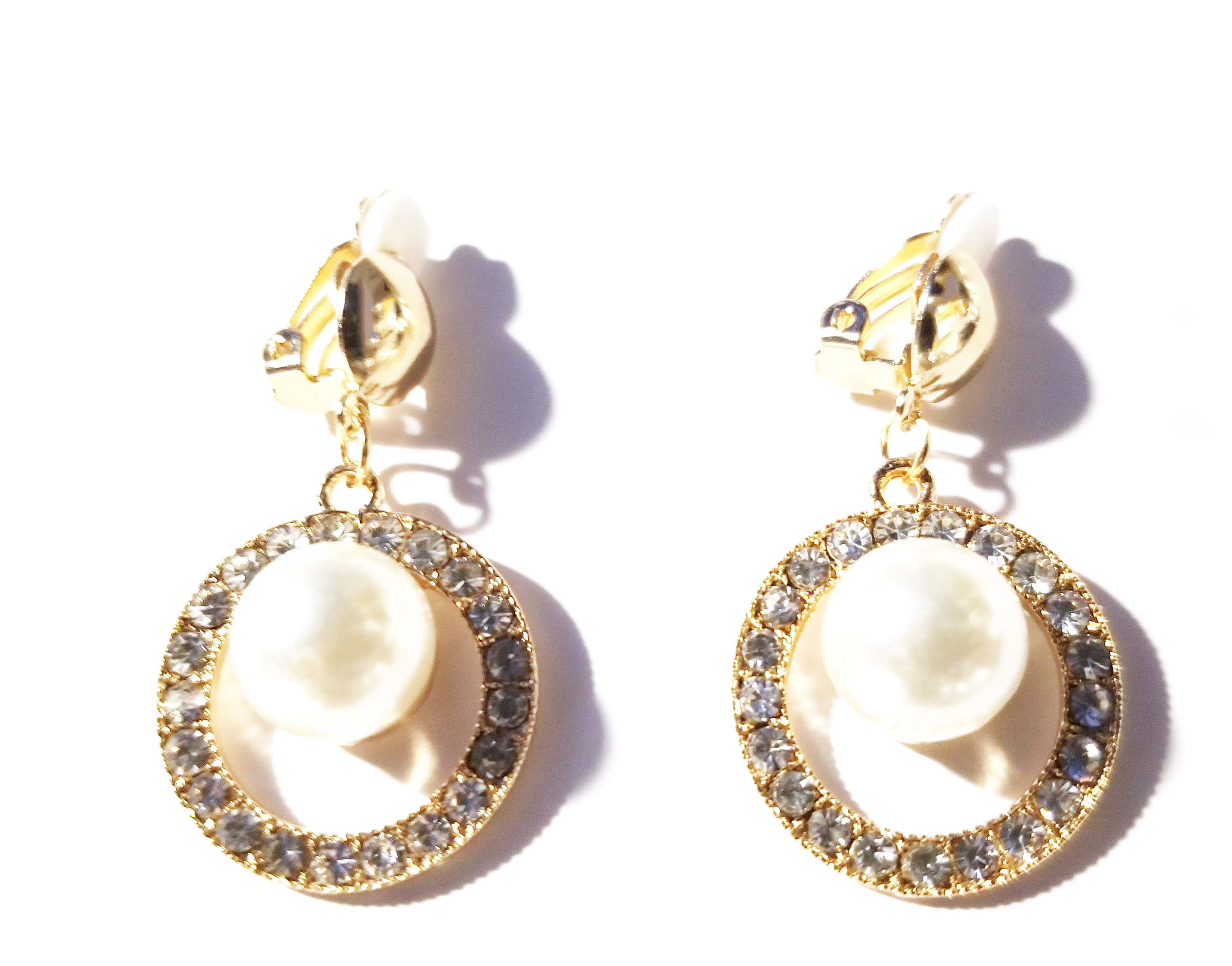 Clip-on Earrings Faux Pearl Ball Drop Dangle Gold Tone Crystal Clip ...