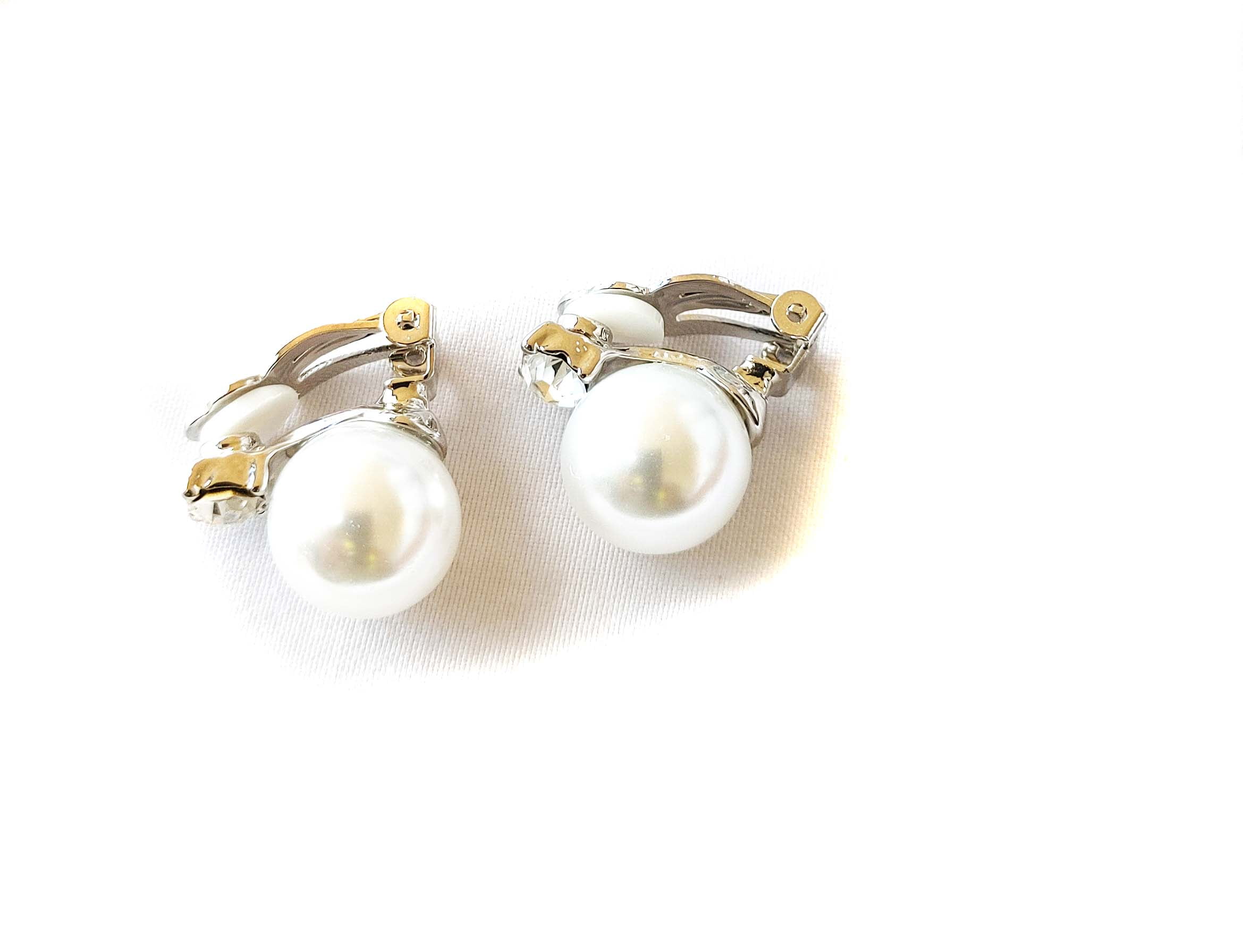 Clip-on Earrings Faux Pearl Silver Back with Crystal Accent Ball Pearl ...