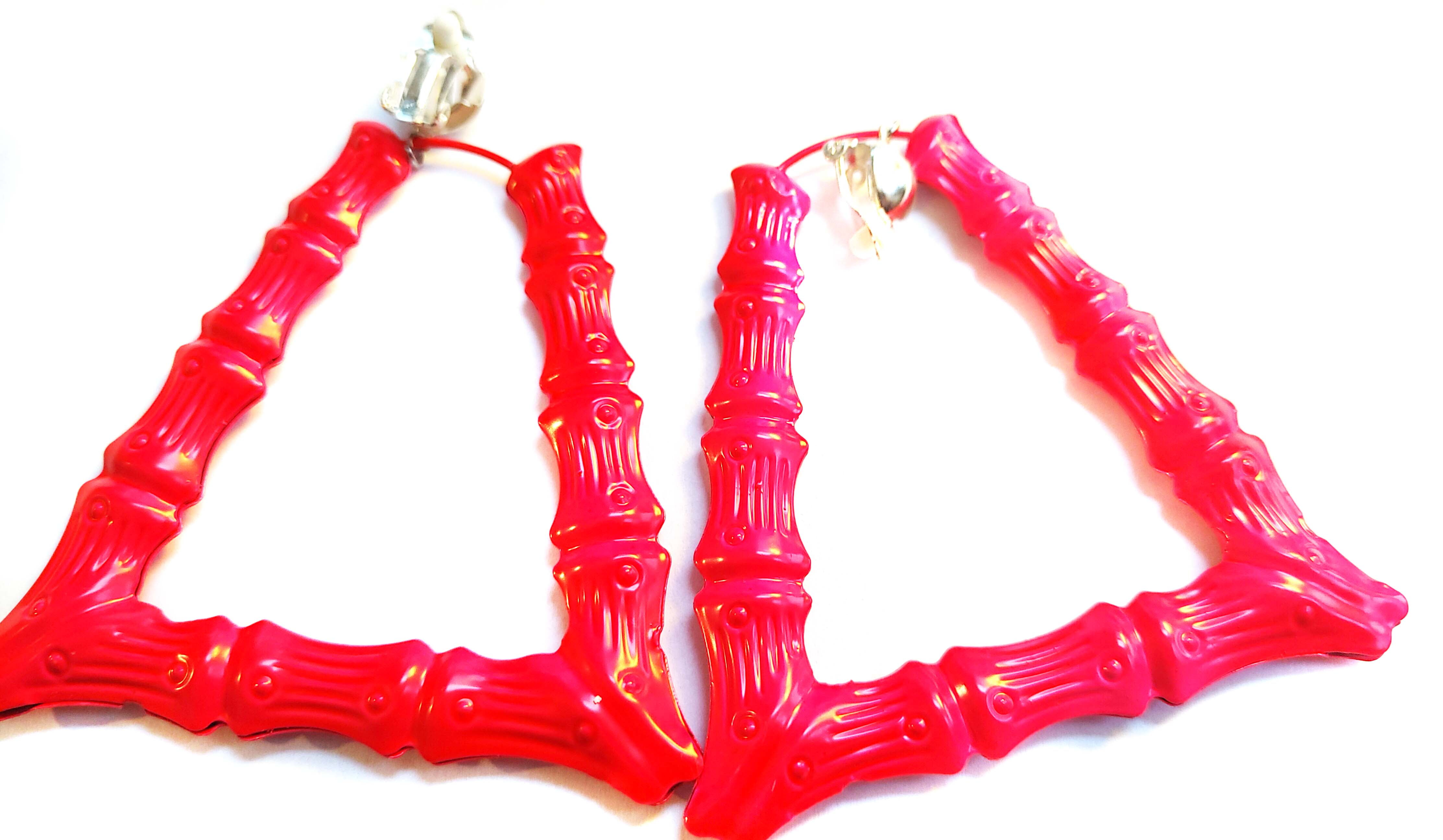 Clip-on Earrings Hot Pink Trapezoid Hoop Earrings Bamboo 4 inch Large ...