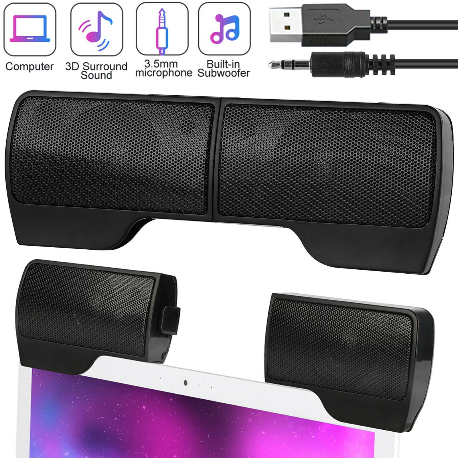 Clip-on Stereo Computer Speakers Portable Soundbar with Volume Control ...
