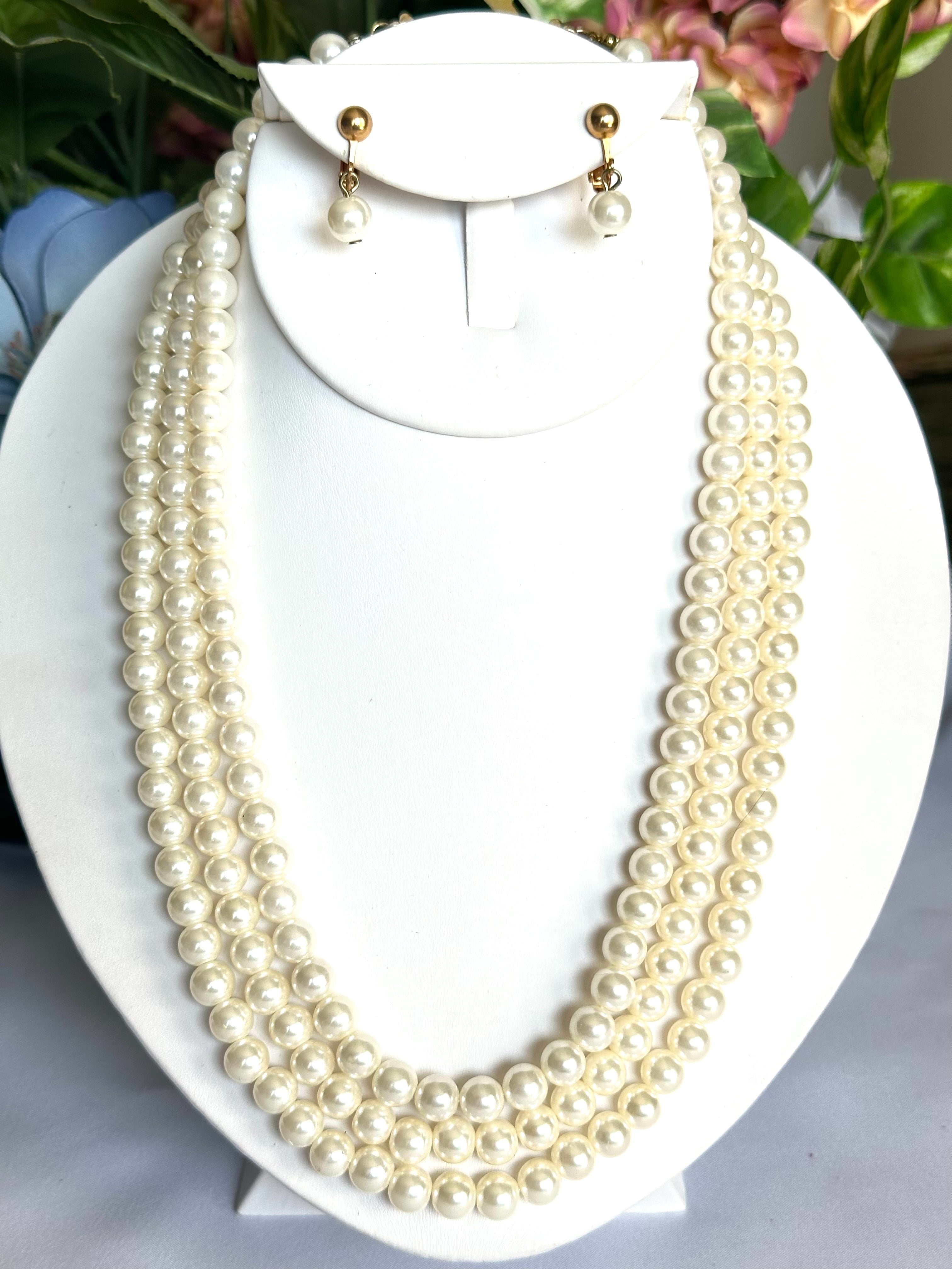 Clip on gold three strand cream pearl necklace and earring set ...