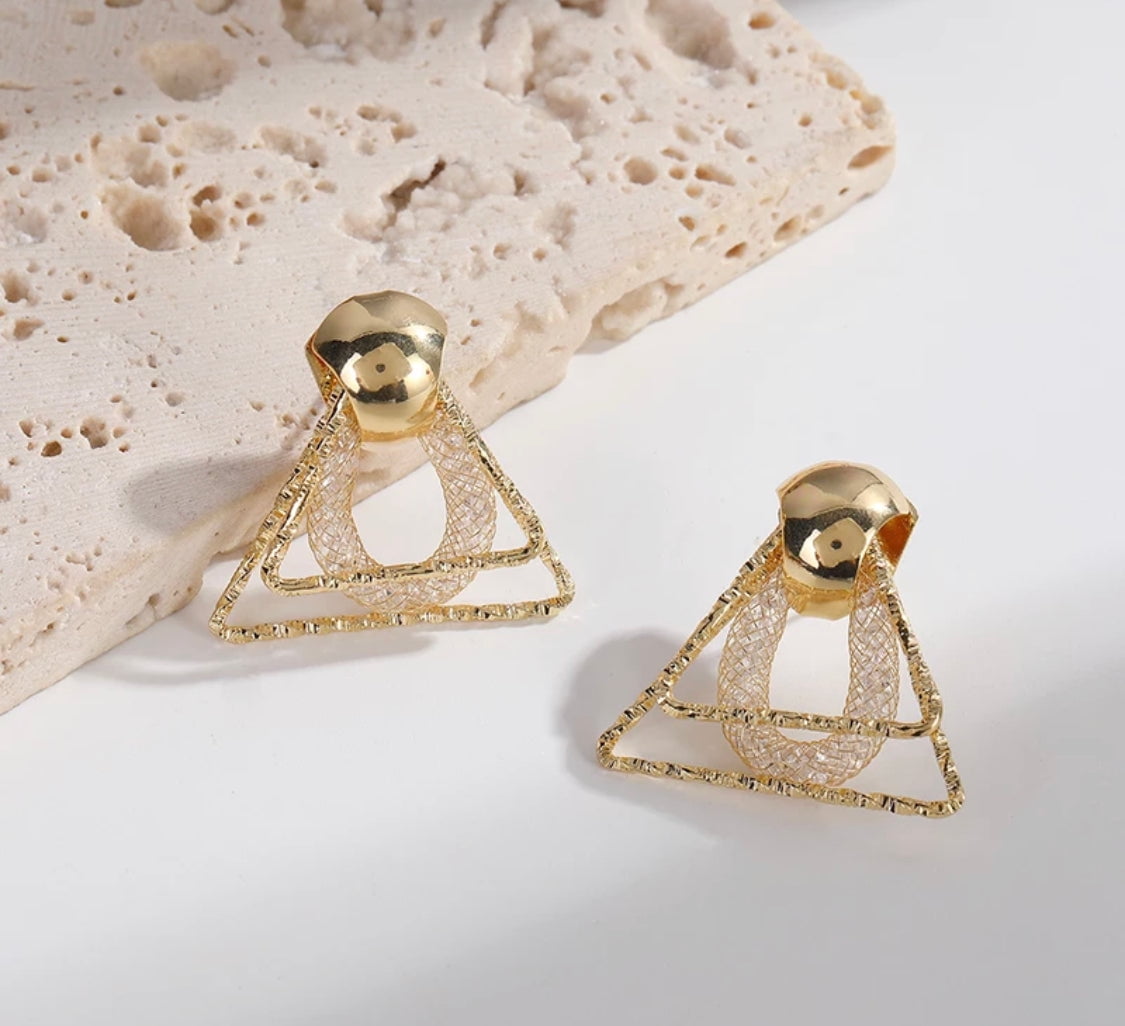 Clip on1 1/4" silver or gold layered triangle and mesh earrings ...