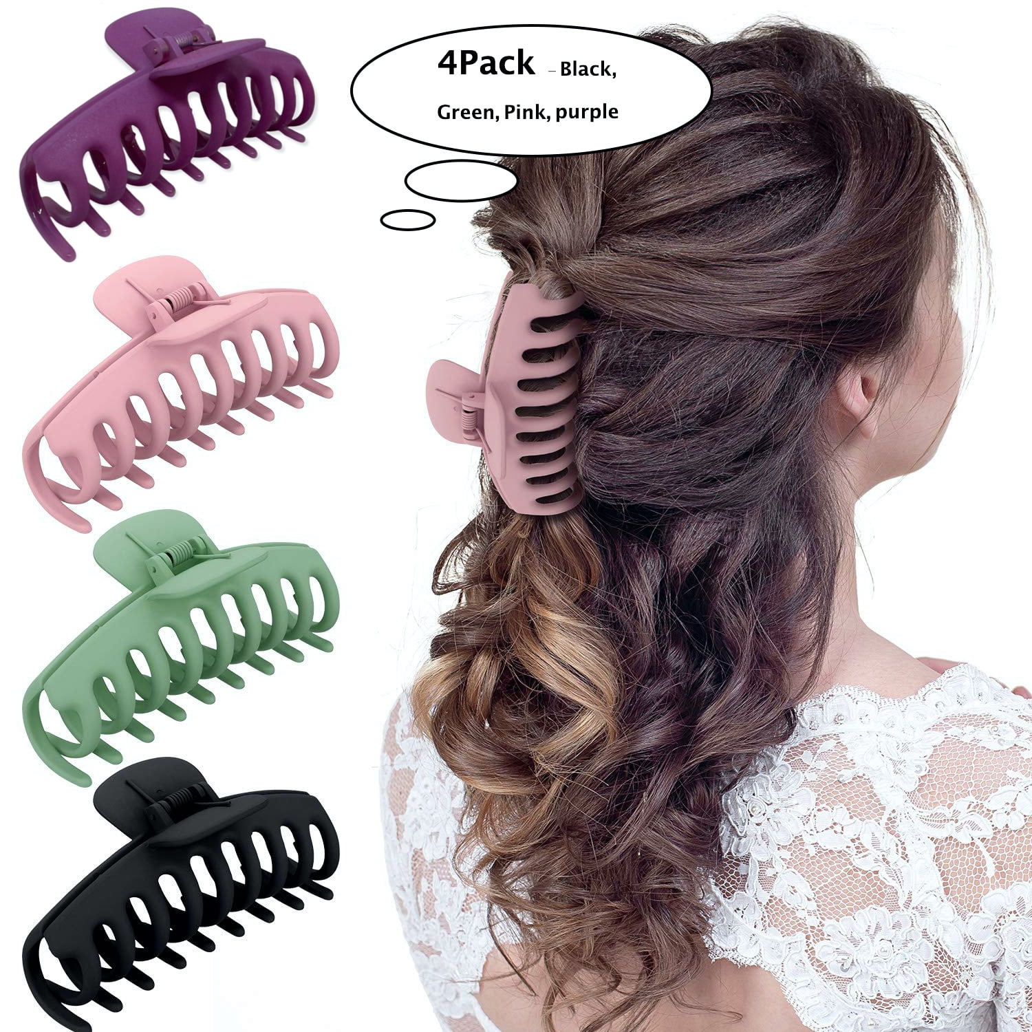 ClipCouture 4.2 Inch Large Claw Hair Clips 4 Pack, Black, Pink, Purple ...