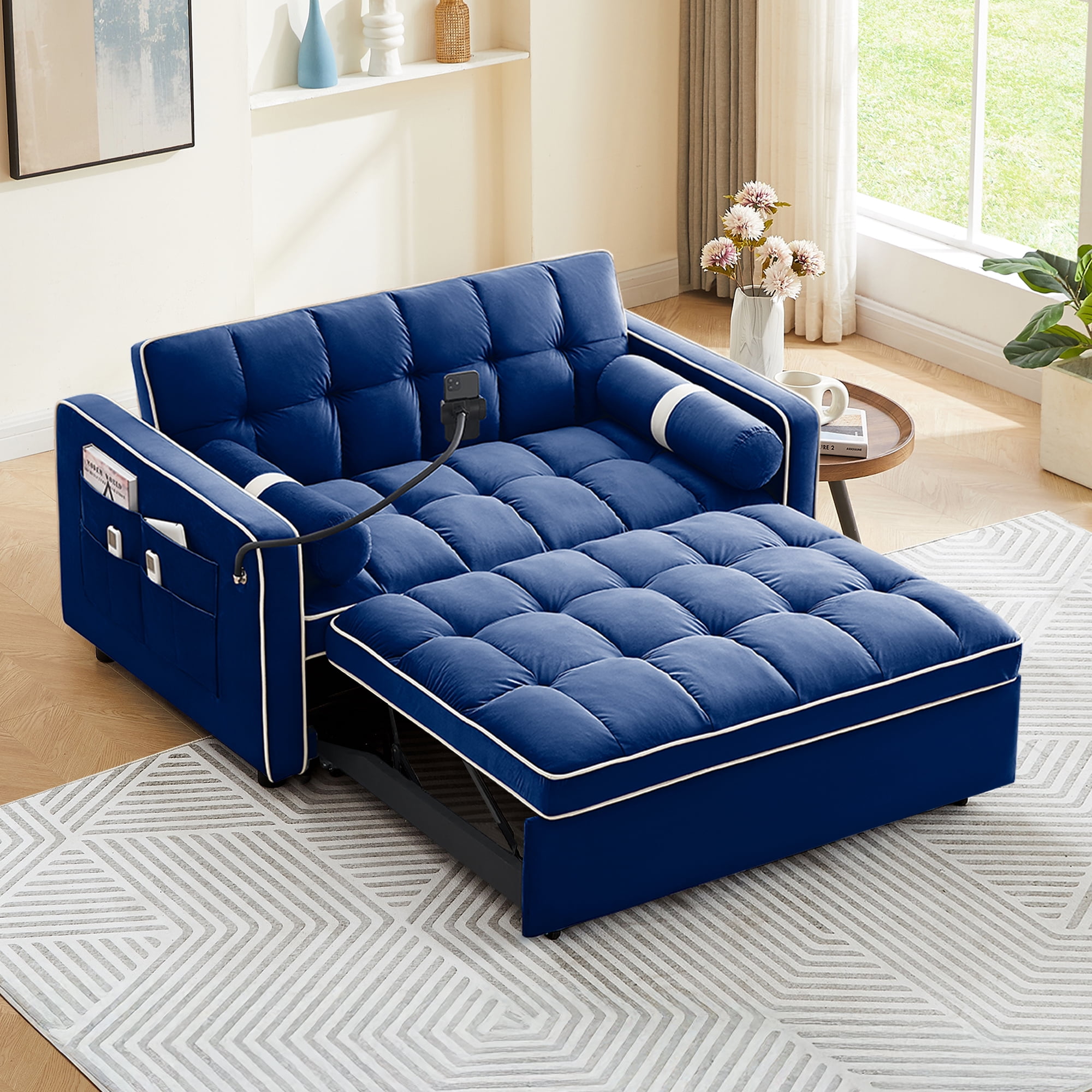 Clipeyh Velvet Reclining Modern 55 Convertible Sleeper Sofa - Blue ...