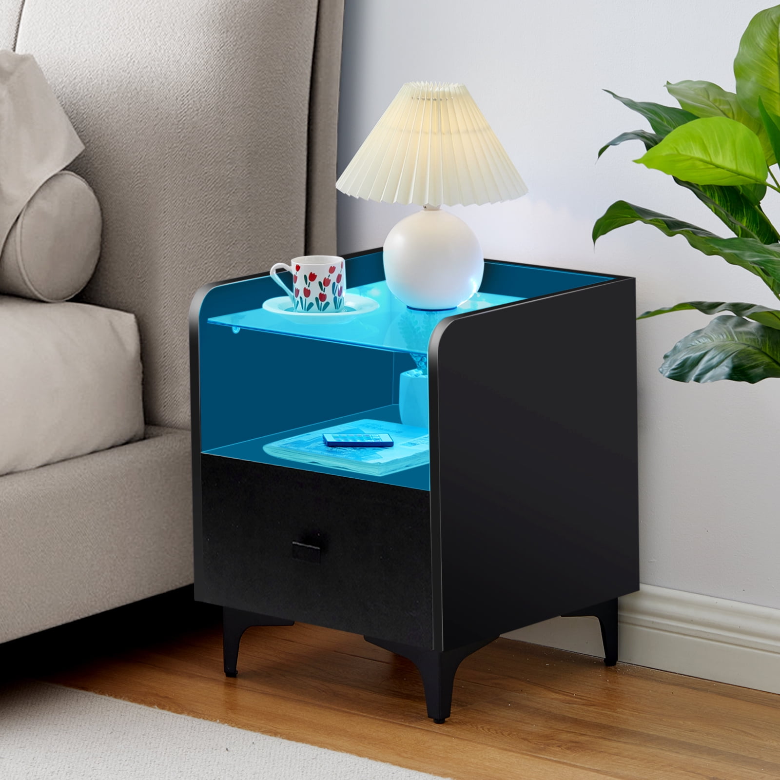 Clipop LED Nightstand, Wooden Bedside Cabinet with Tempered Glass Top ...