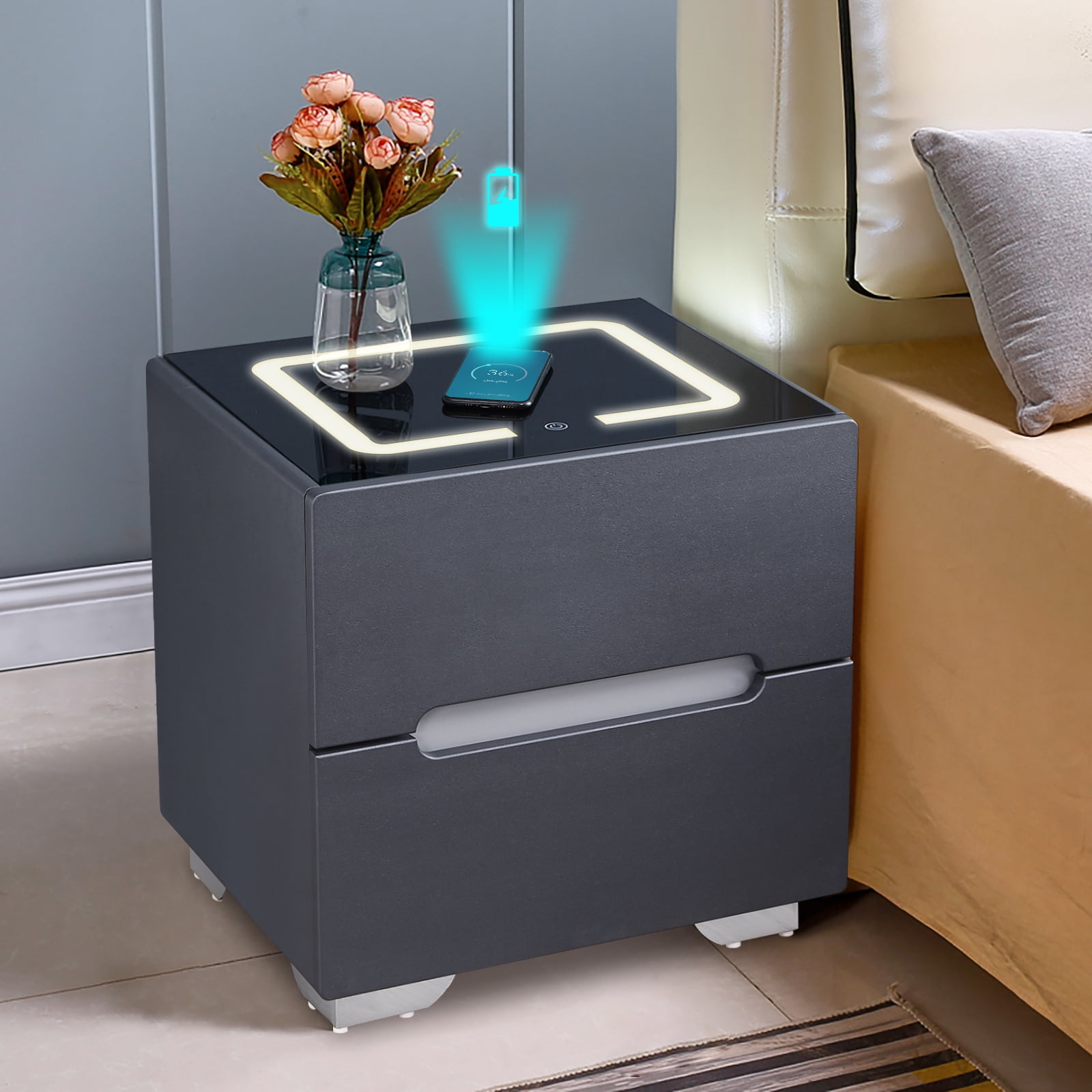 Clipop LED Smart Nightstand with Wireless Charging Station,2 Drawers ...