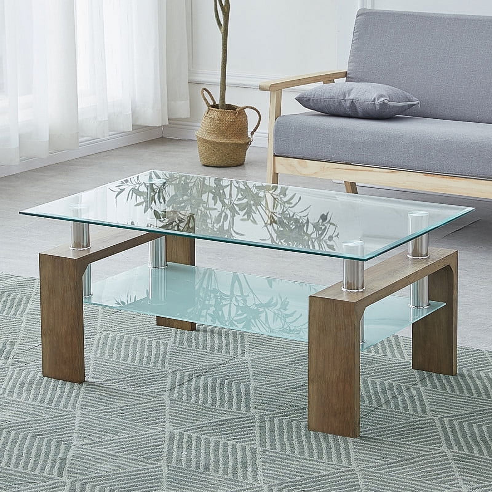 Clipop Modern Rectangle 2-Tier Coffee Table, Tempered Glass Shelf, for ...