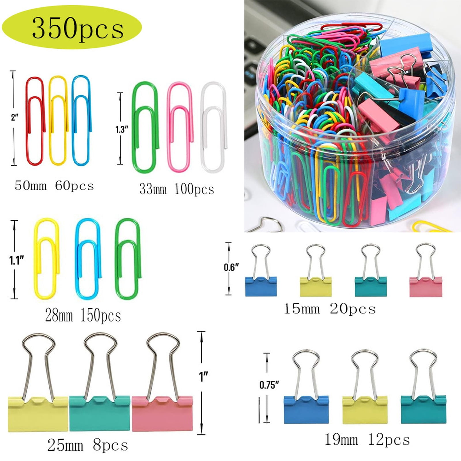 Clips Office Supplies, 350 Pcs Colored Paper Clips and Binder Clips Set ...