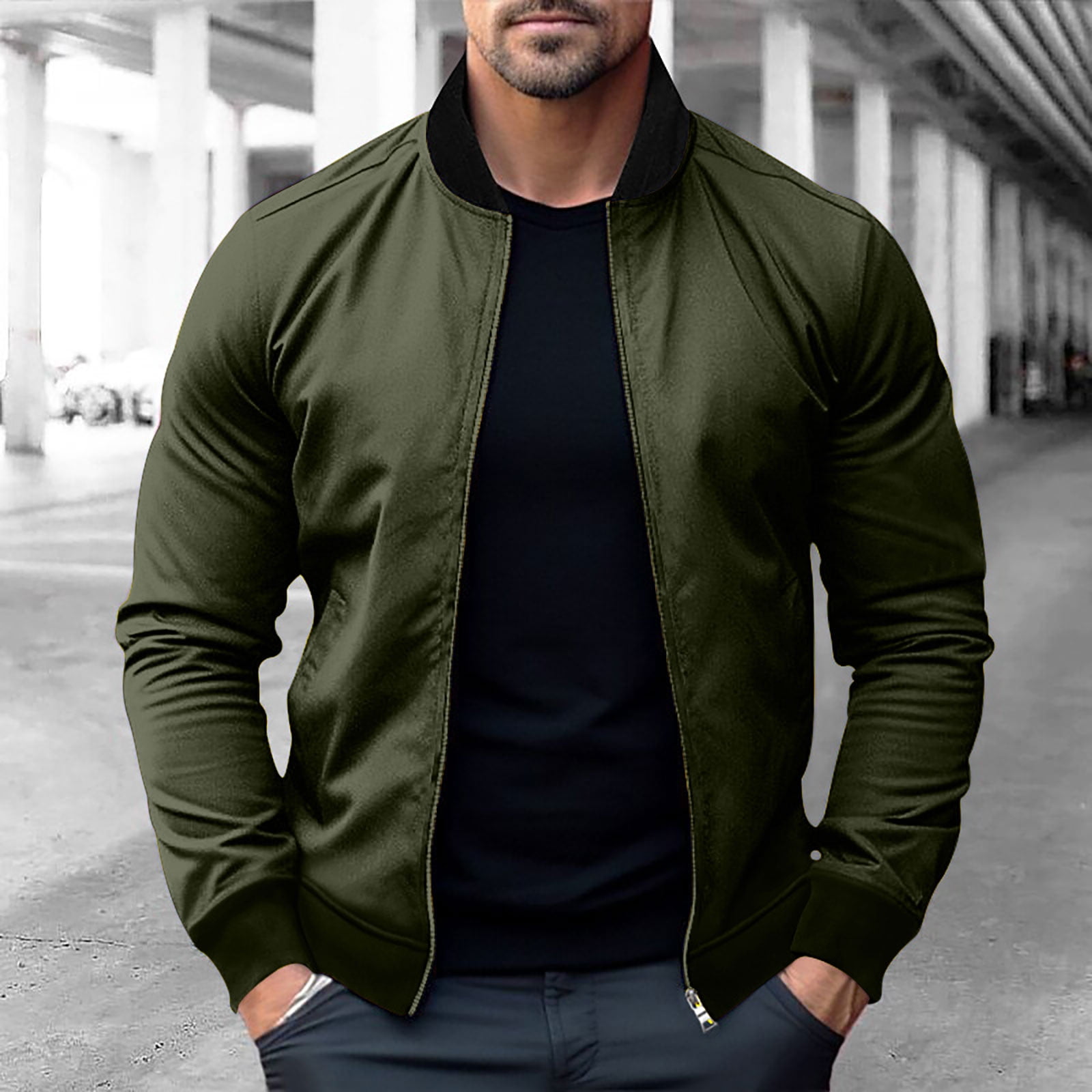 Cllios Mens Bomber Jacket Full Zip Up Jacket Fall Stand Collar Track ...