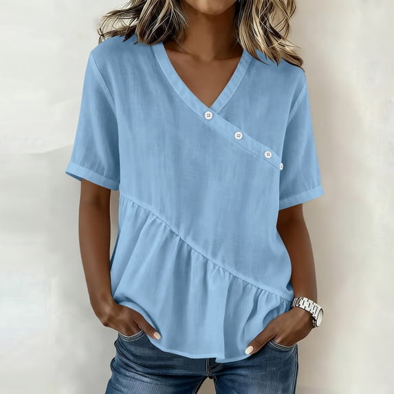 Cloaraye Summer Tops for Women Cotton Linen Fashion Short Sleeve V Neck ...
