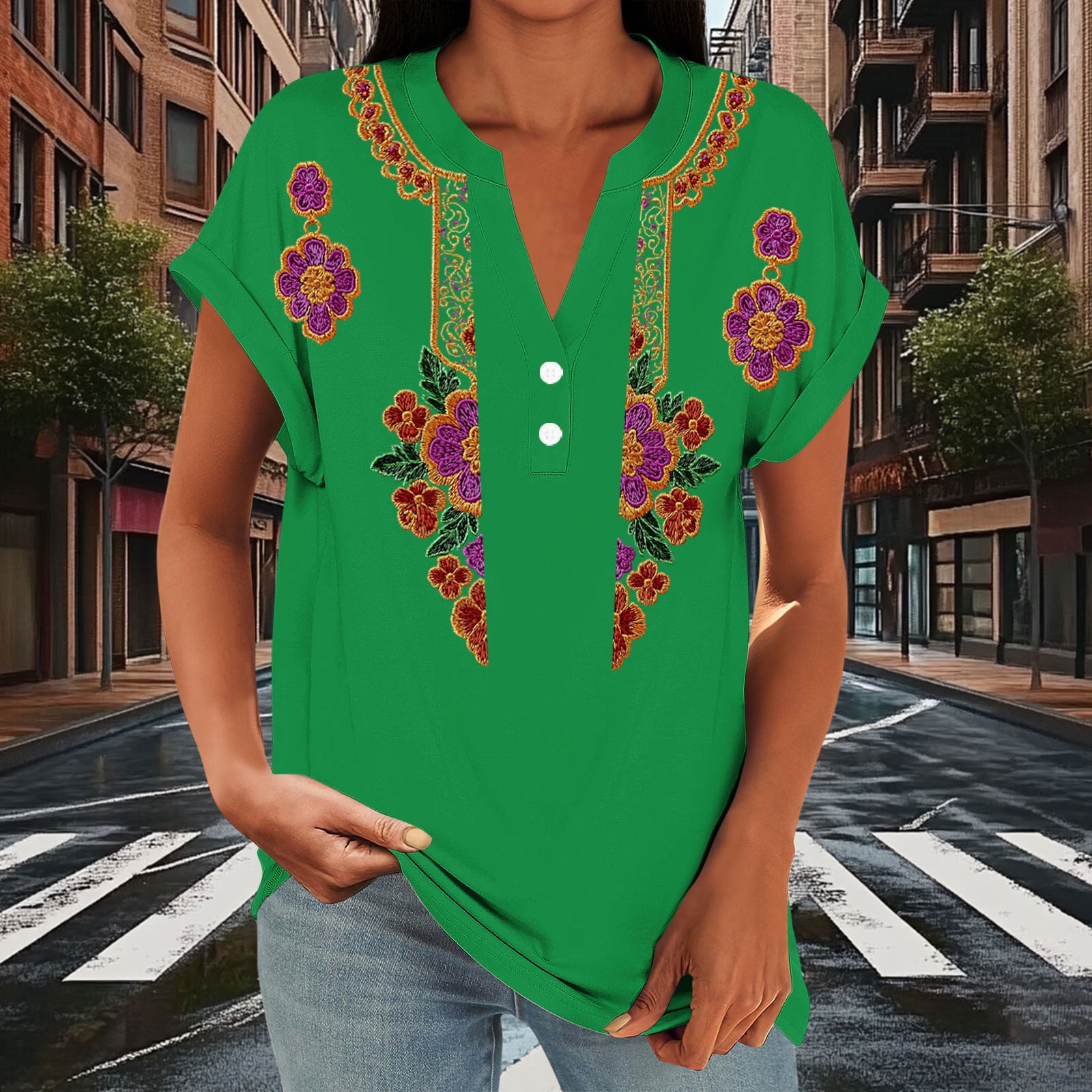 Cloaraye T Shirts for Women Rolled Cuffed Button V Neck Short Sleeve ...