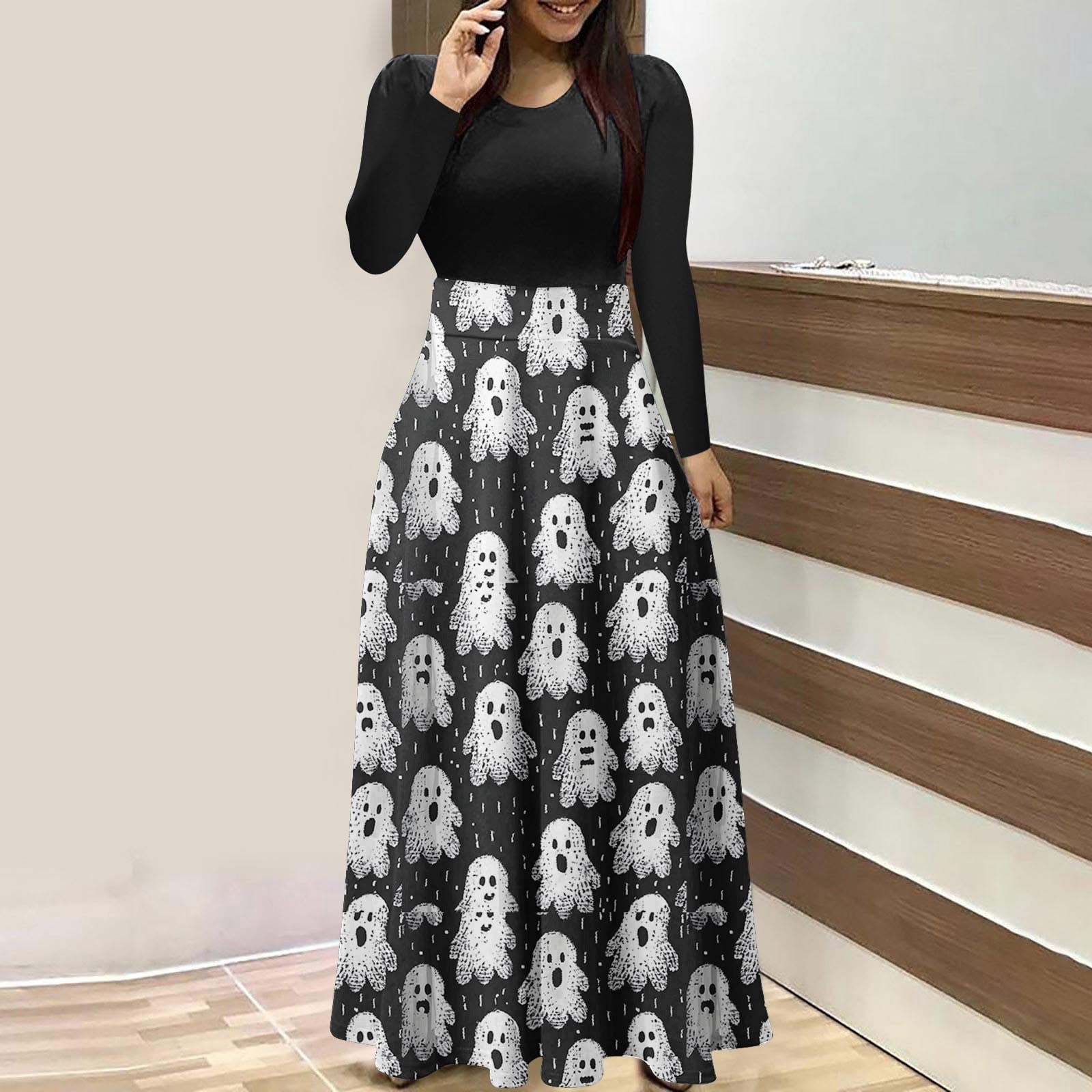 Cloaraye Women's Casual Crew Neck Long Sleeve Halloween Print Maxi ...