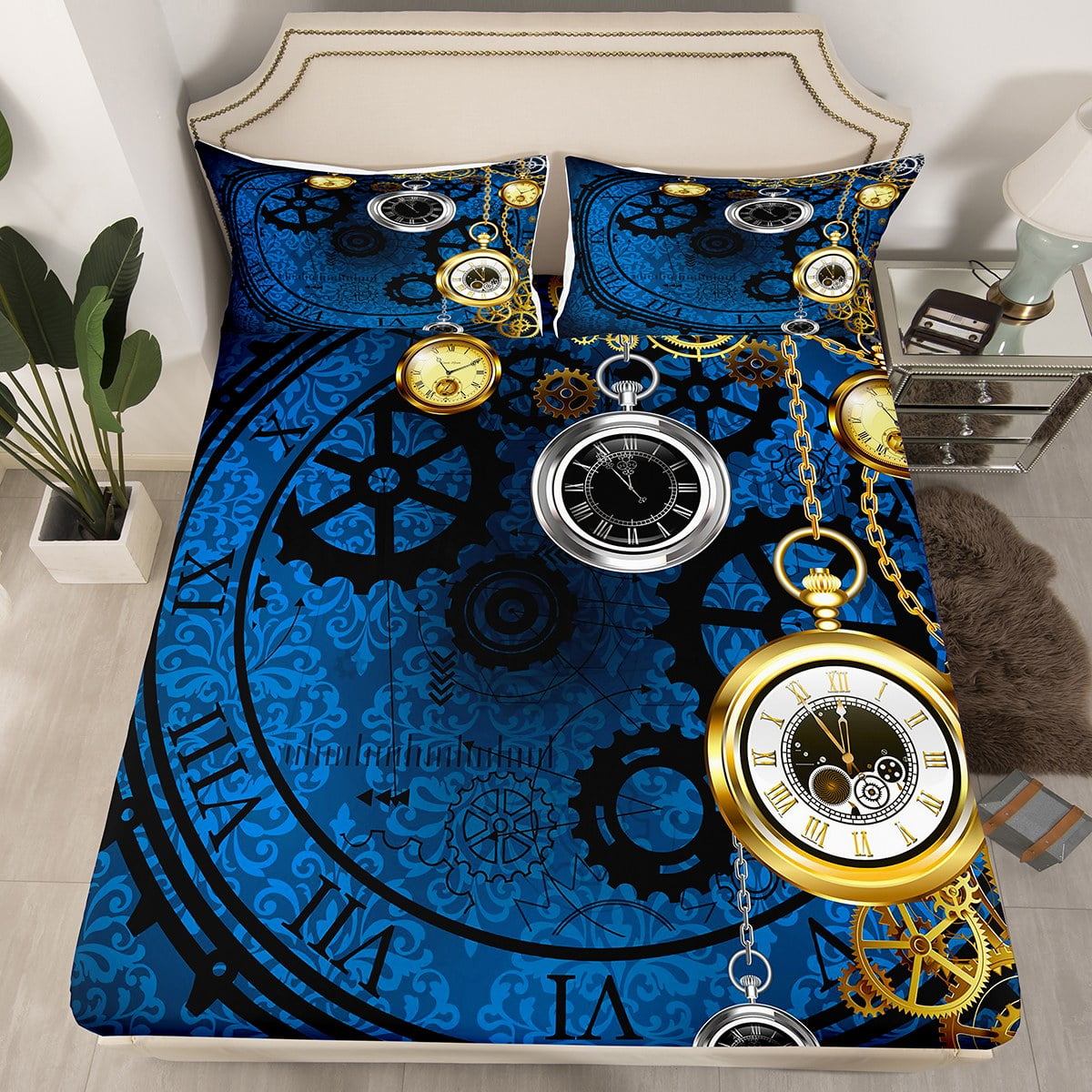 Clock Bedding Set, Steampunk Blue Watch Fitted Sheet Vintage Watches ...
